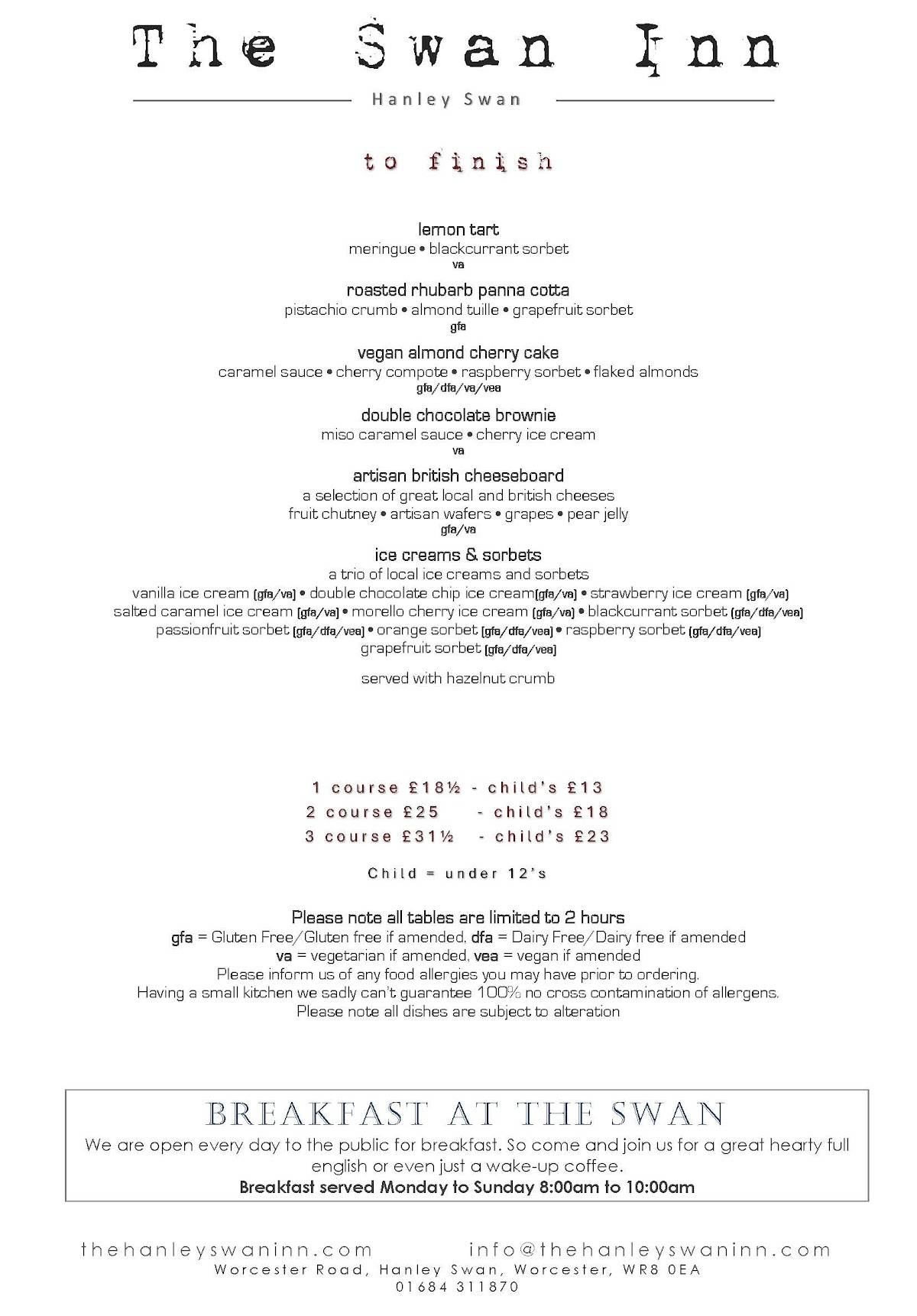 Menu at The Swan Inn pub & bar, Hanley Swan, Road