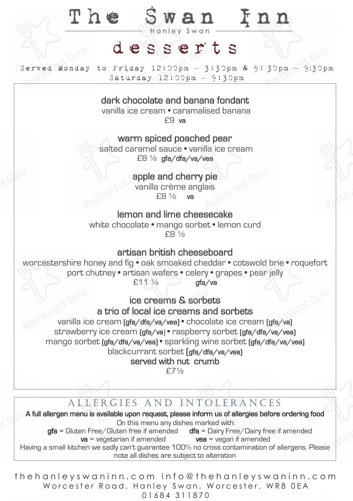 Menu at The Swan Inn pub & bar, Hanley Swan, Road