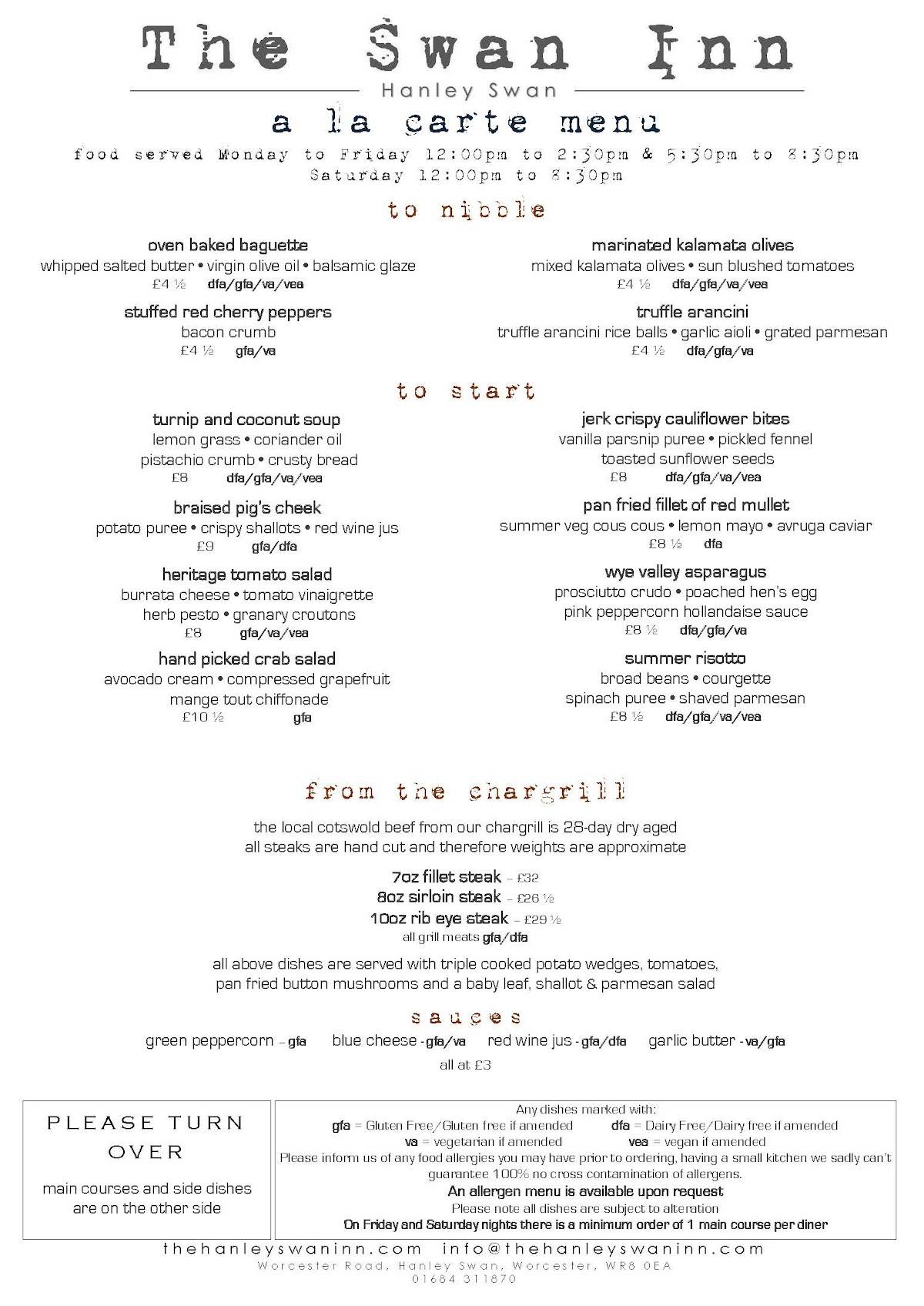 Menu at The Swan Inn pub & bar, Hanley Swan, Road