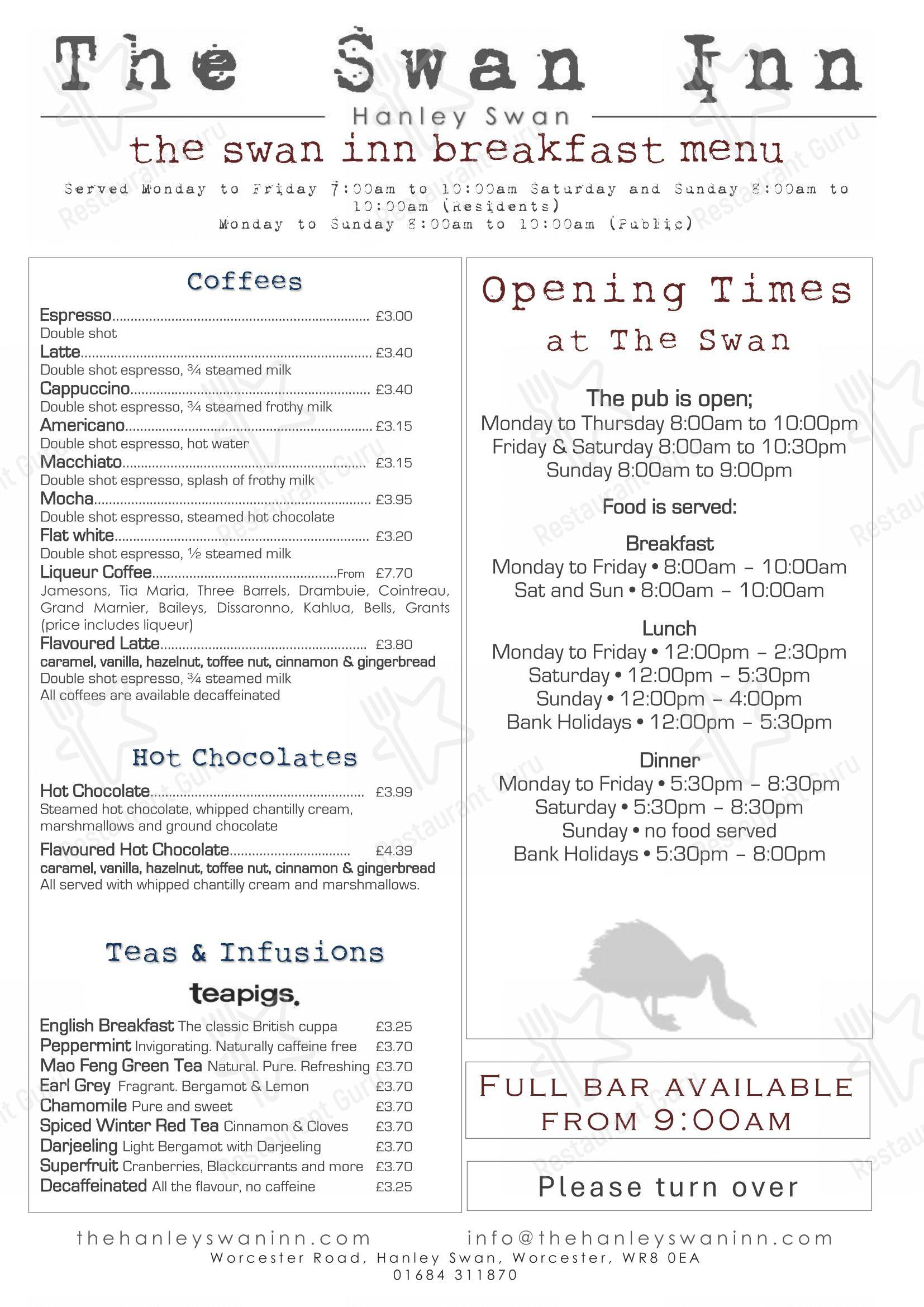 Menu at The Swan Inn pub & bar, Hanley Swan, Road