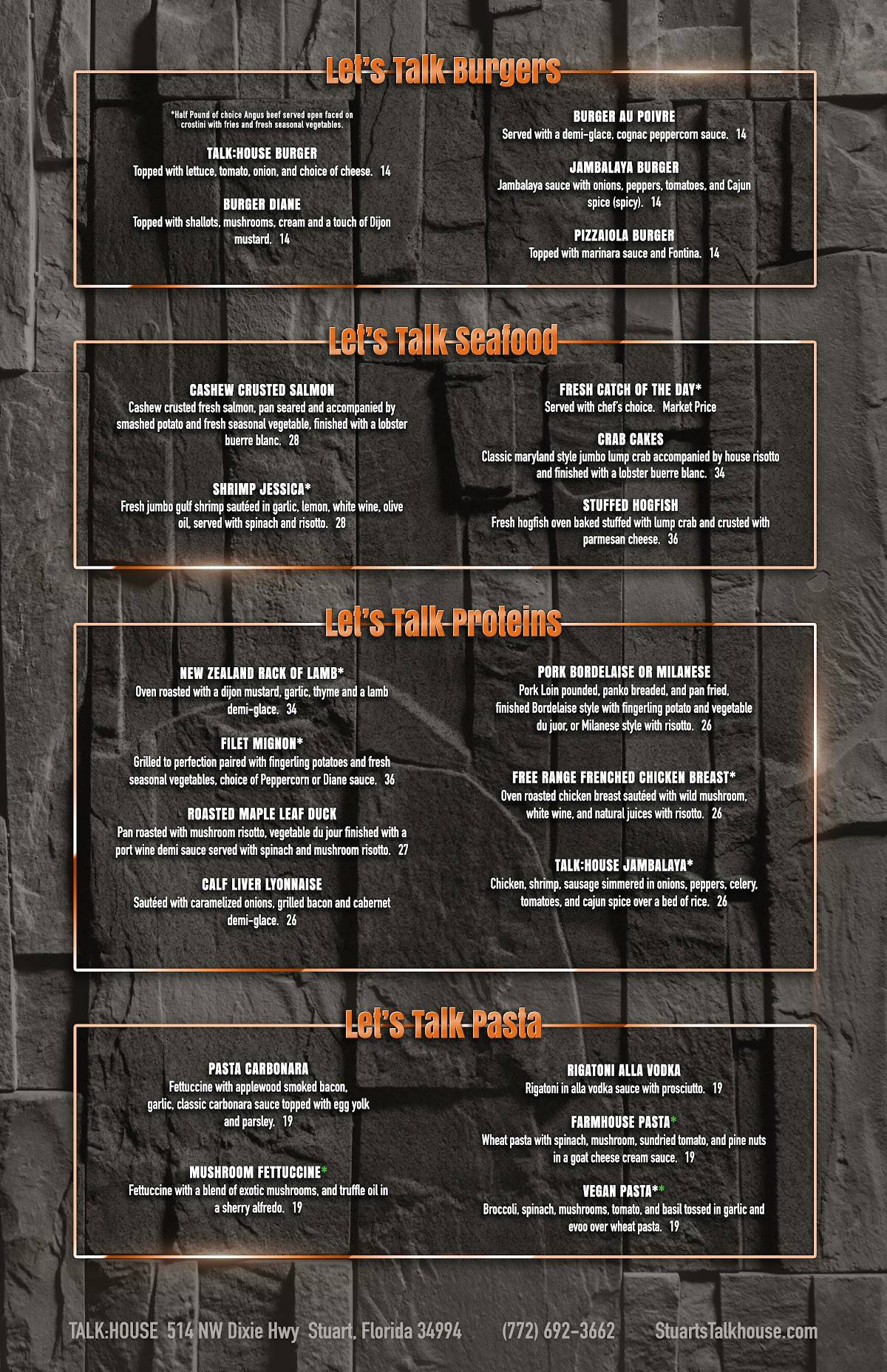 Menu at The Talk:house restaurant, Stuart