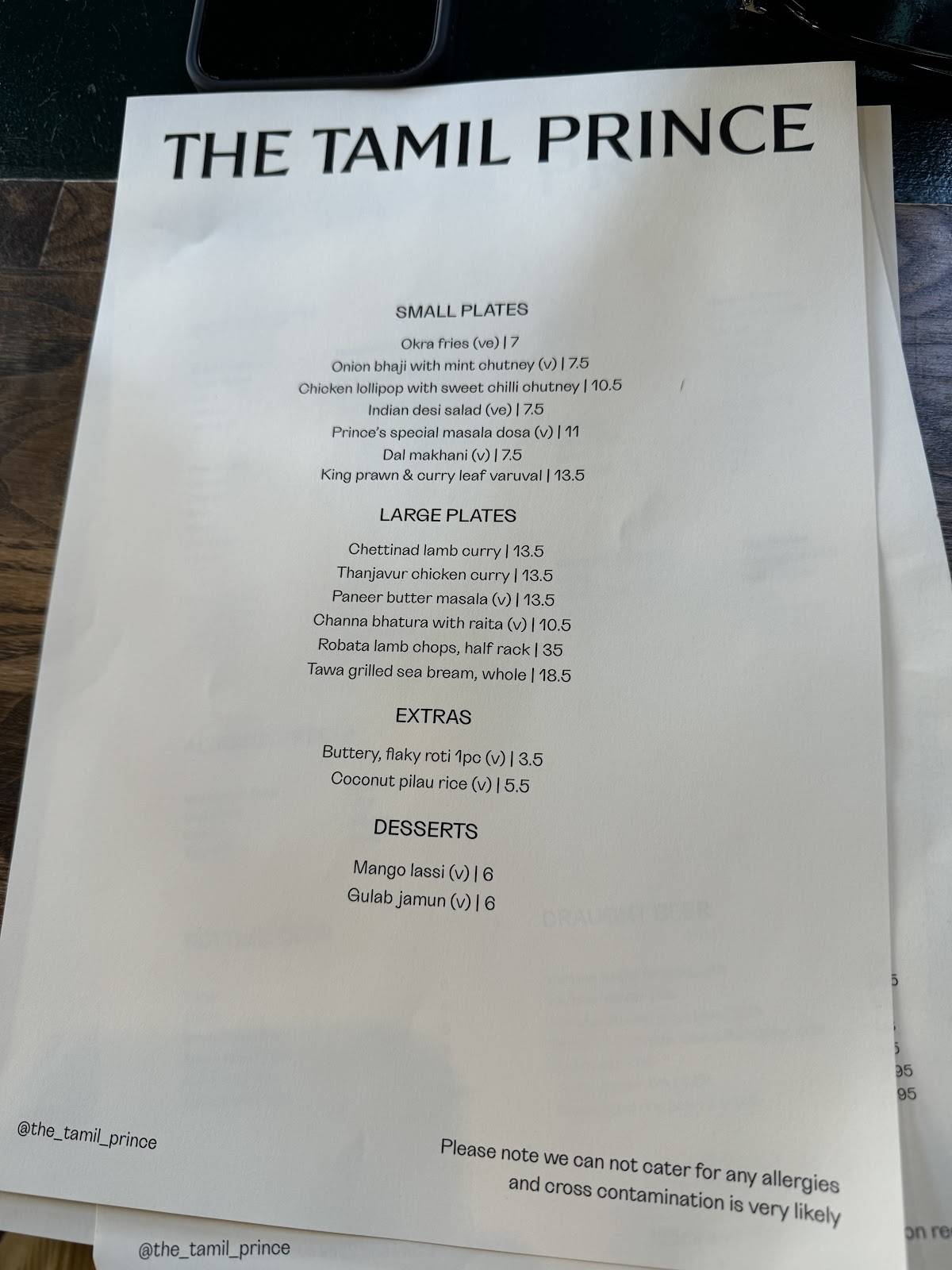 Carta del restaurante The Tamil Prince, Londres
