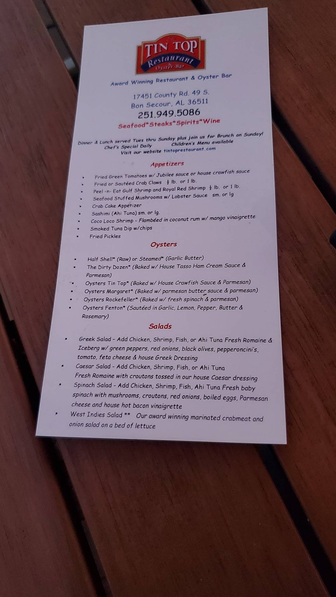 Menu at The Tin Top Restaurant & Oyster Bar, Bon Secour