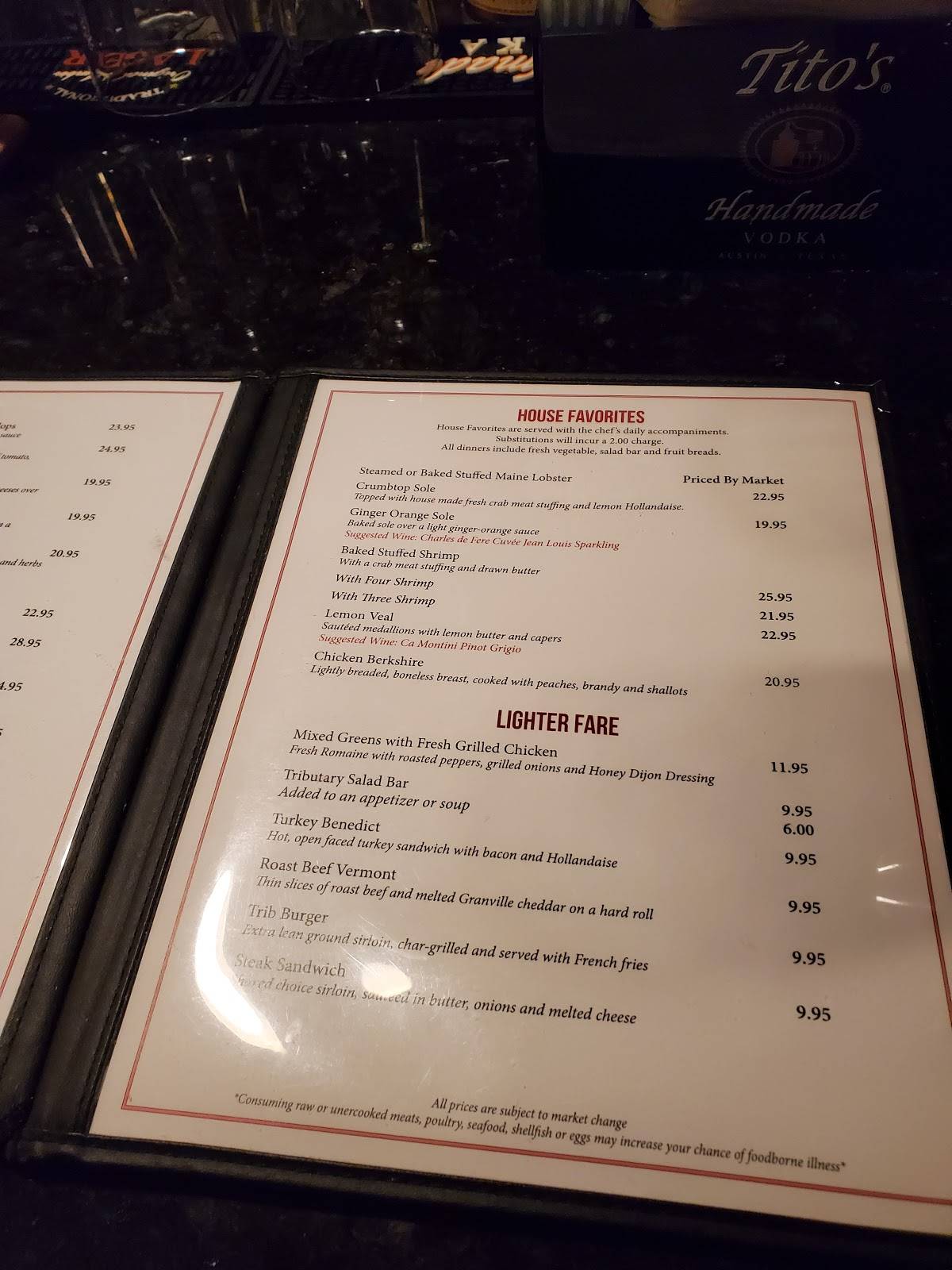 Menu at The Tributary Restaurant, Winsted