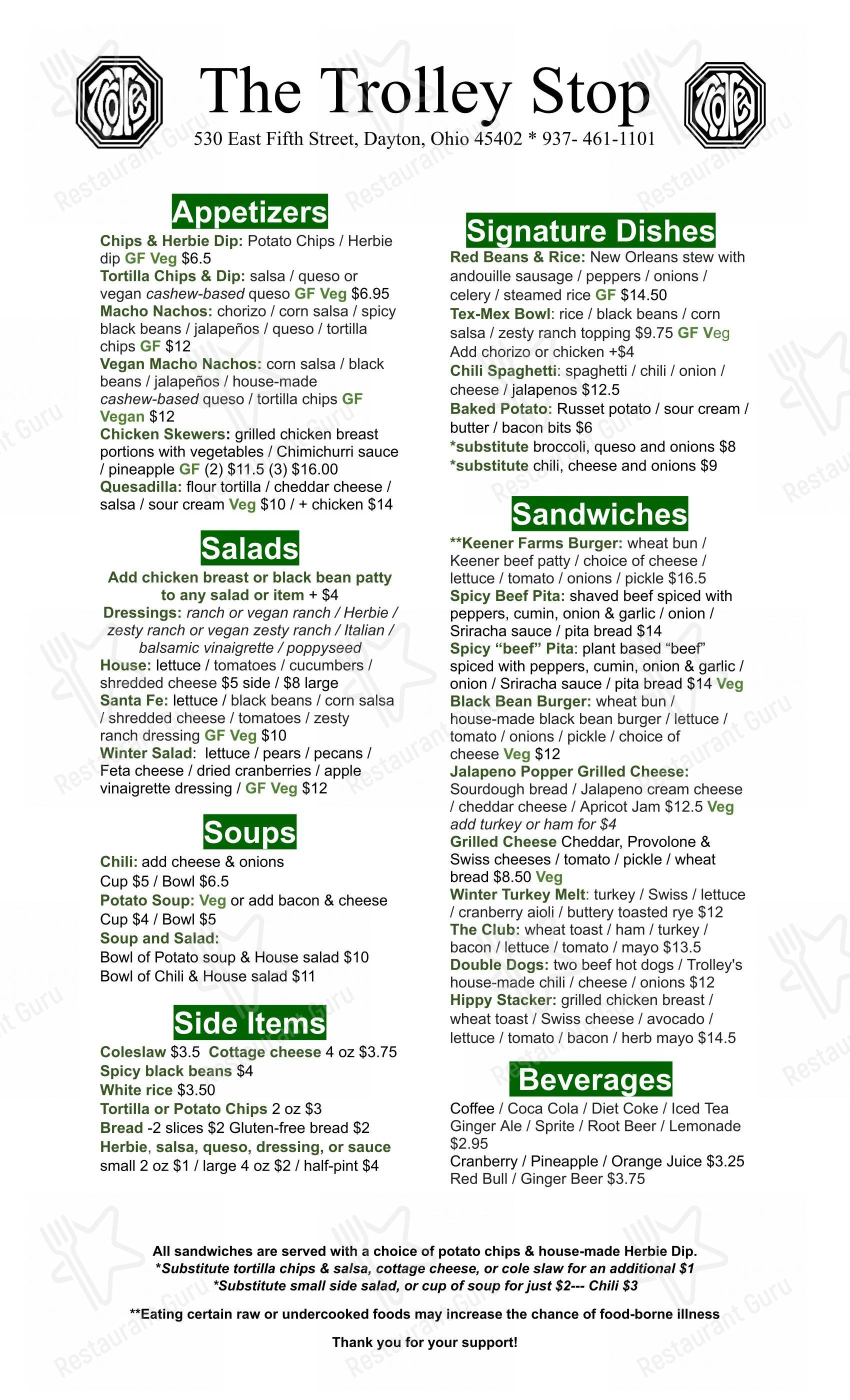 Menu at The Trolley Stop restaurant, Dayton