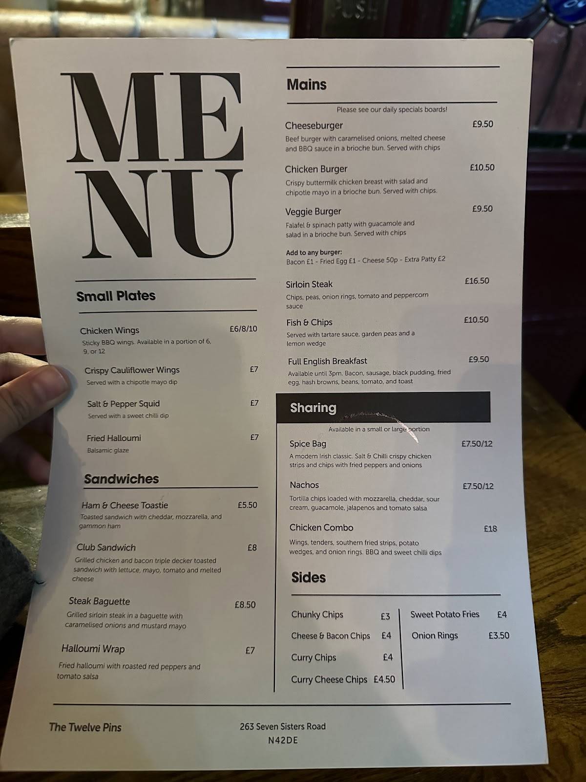 Menu at The Twelve Pins pub & bar, London