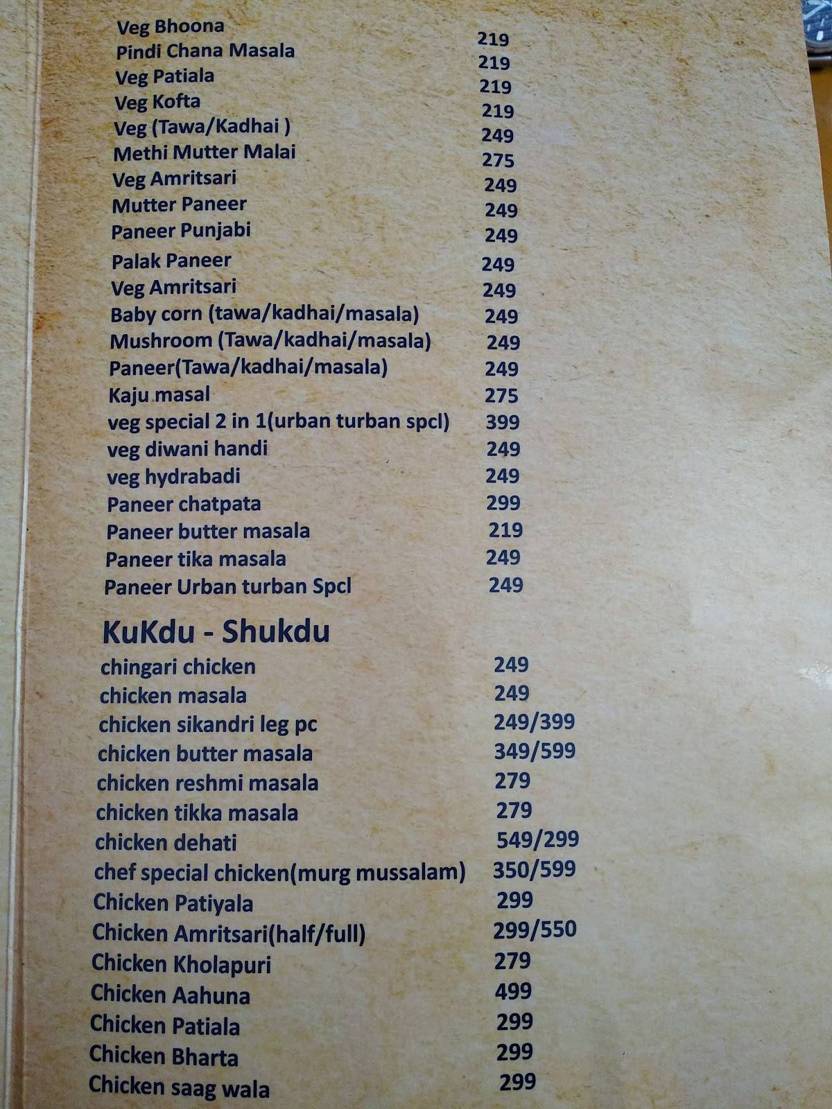 Menu at The Urban Turban, Bengaluru