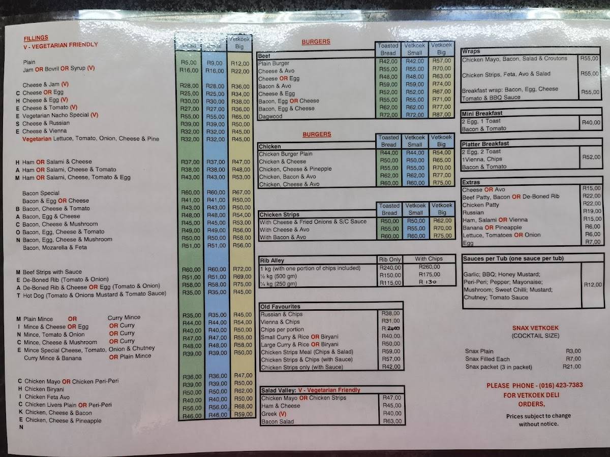 Menu at The Vetkoek Deli restaurant, Vereeniging