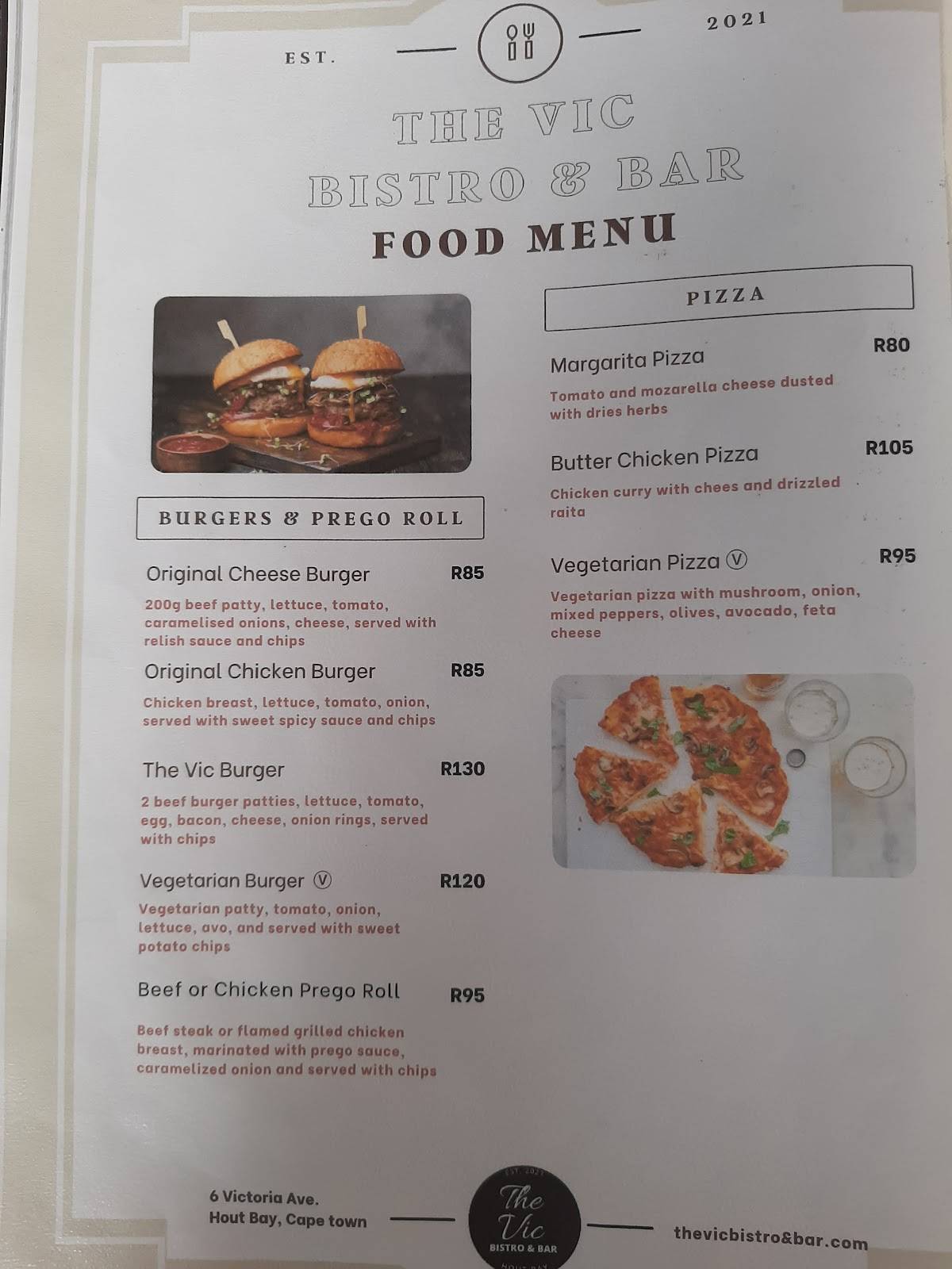 Menu at The Vic Restaurant and Bar, Cape Town