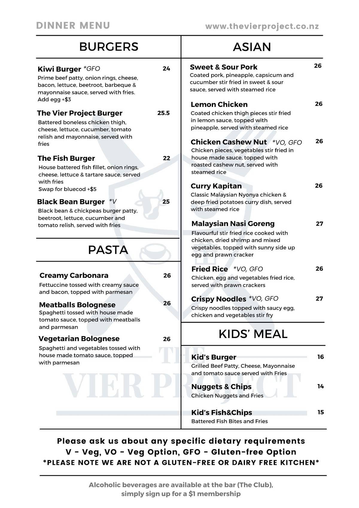 Menu at The Vier Project restaurant, Twizel