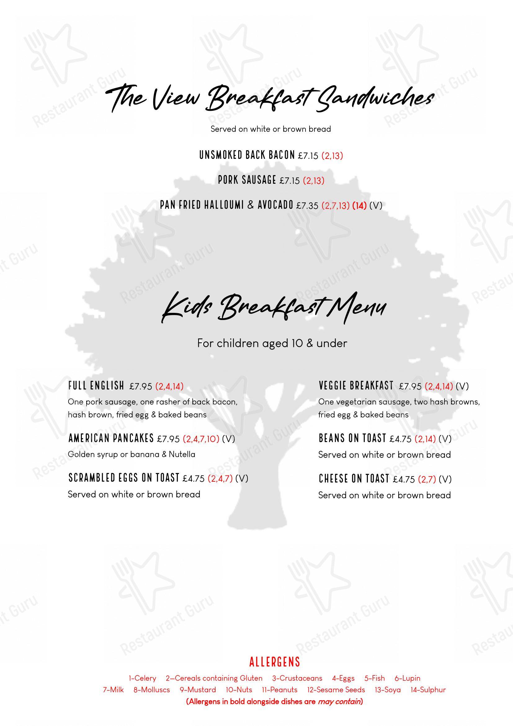 Menu at The View restaurant, Henley-in-Arden, Hill Farm Marina