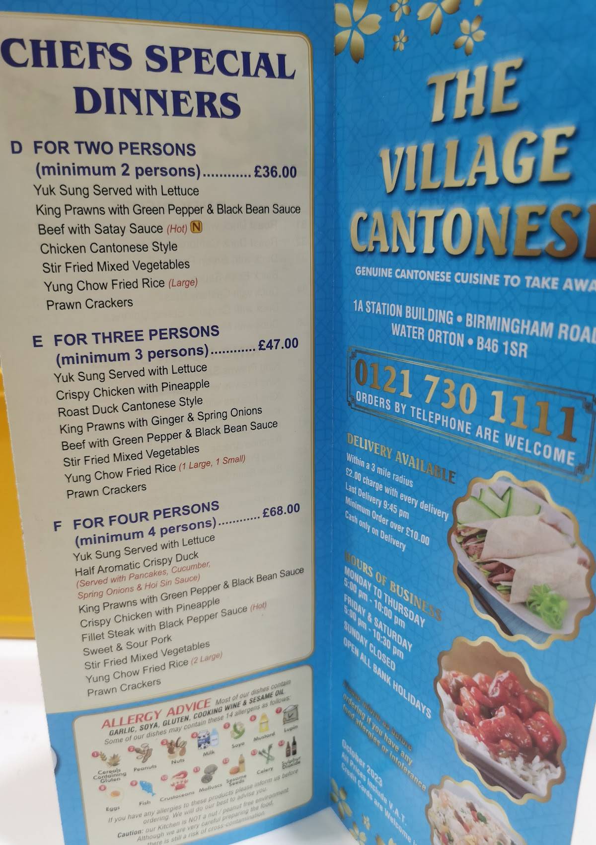 Menu at The Village Cantonese fast food, Birmingham