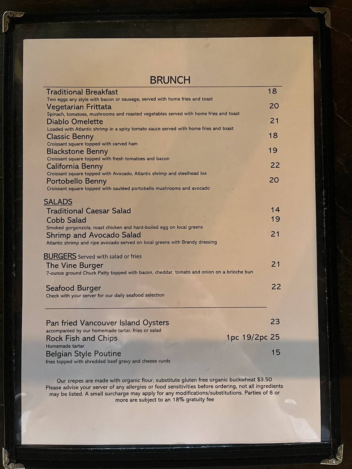 Menu at The Vine restaurant, Cowichan Bay, Cowichan Bay Rd