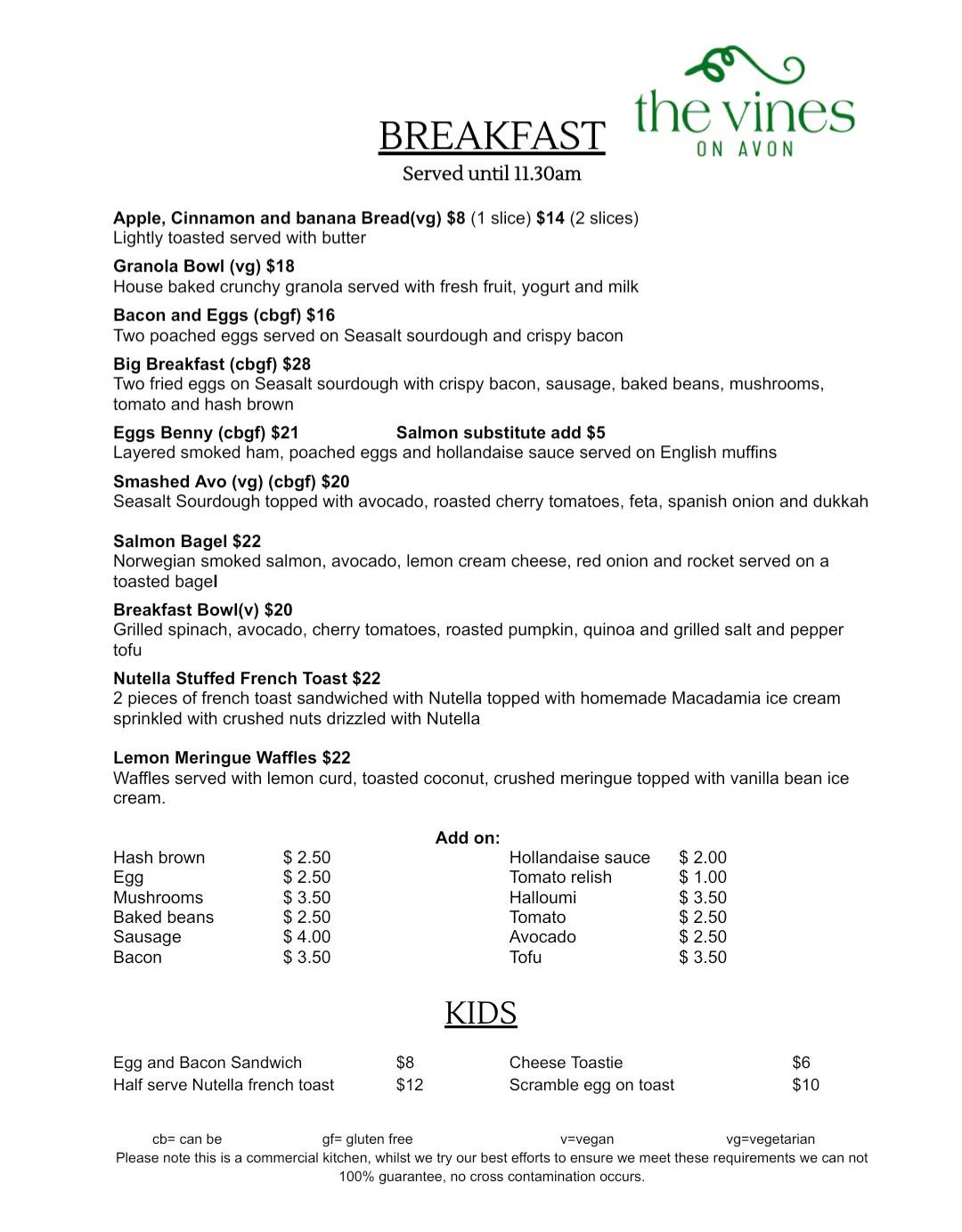 Menu at The Vines on Avon restaurant, Maffra, 446 Stratford-Maffra Rd