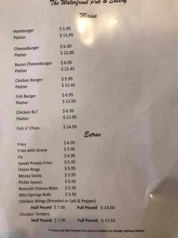 Menu at The Waterfront Pub, Nackawic