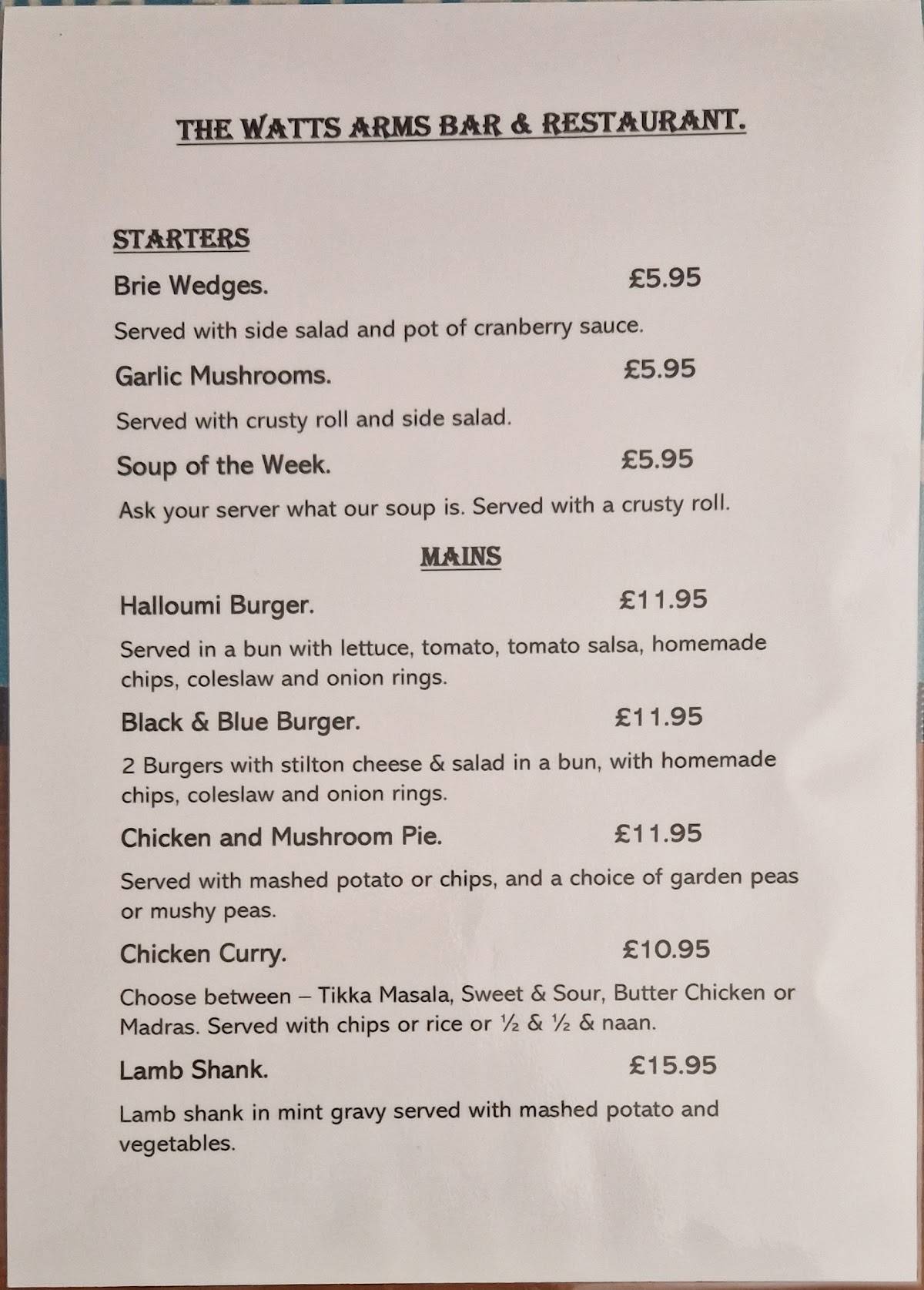 Menu at The Watts Arms pub & bar, Ottringham