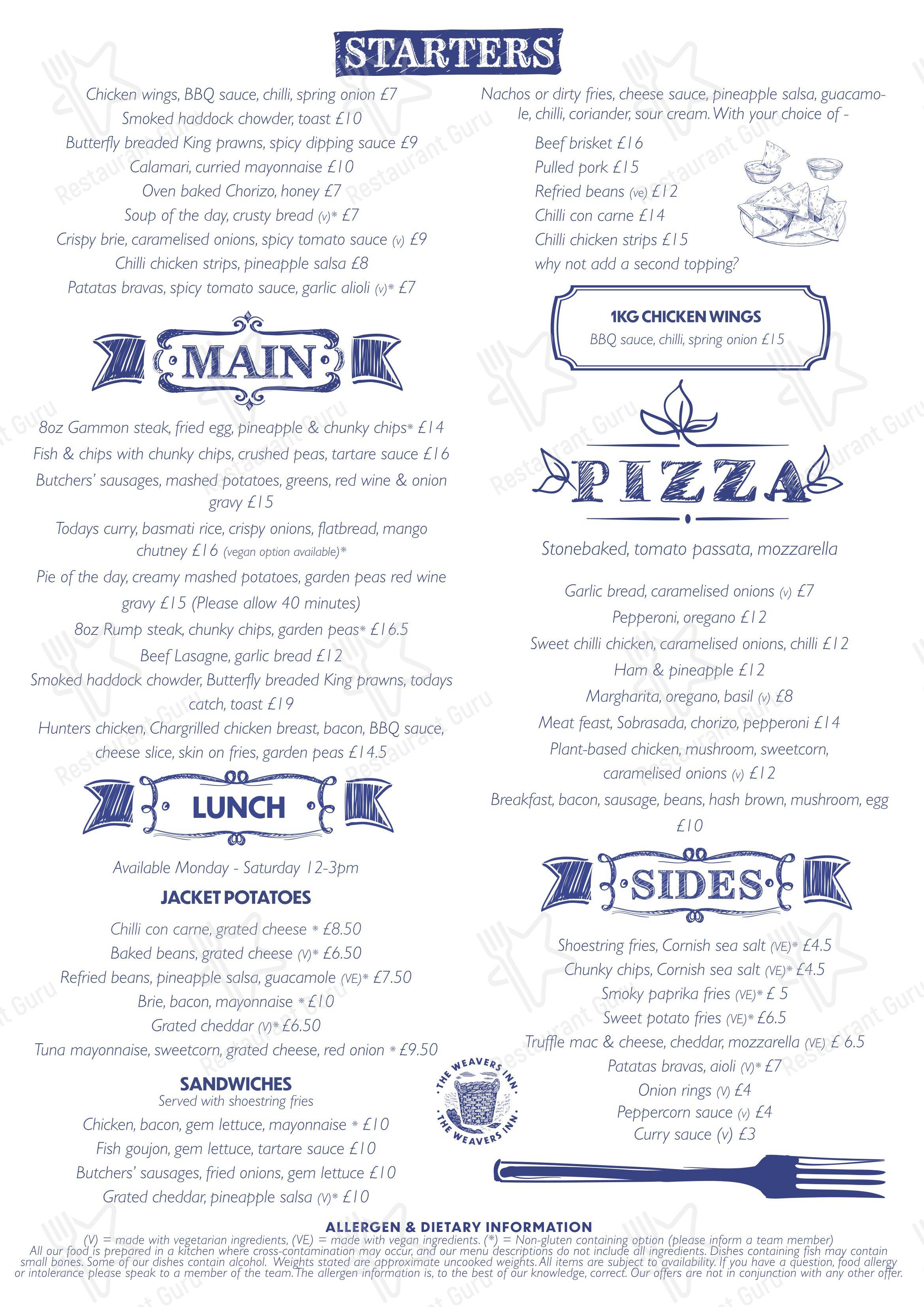 Menu at The Weavers pub & bar, Bodmin