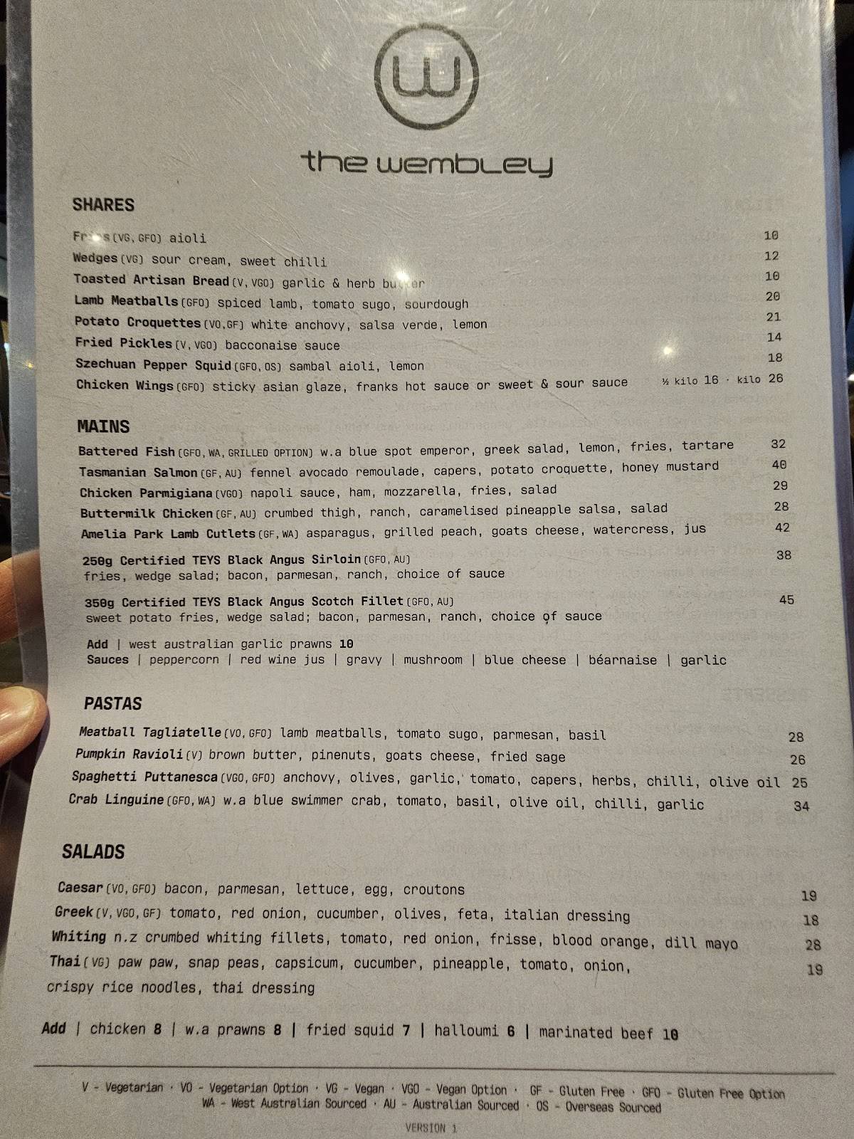 Menu at The Wembley Hotel pub & bar, Wembley
