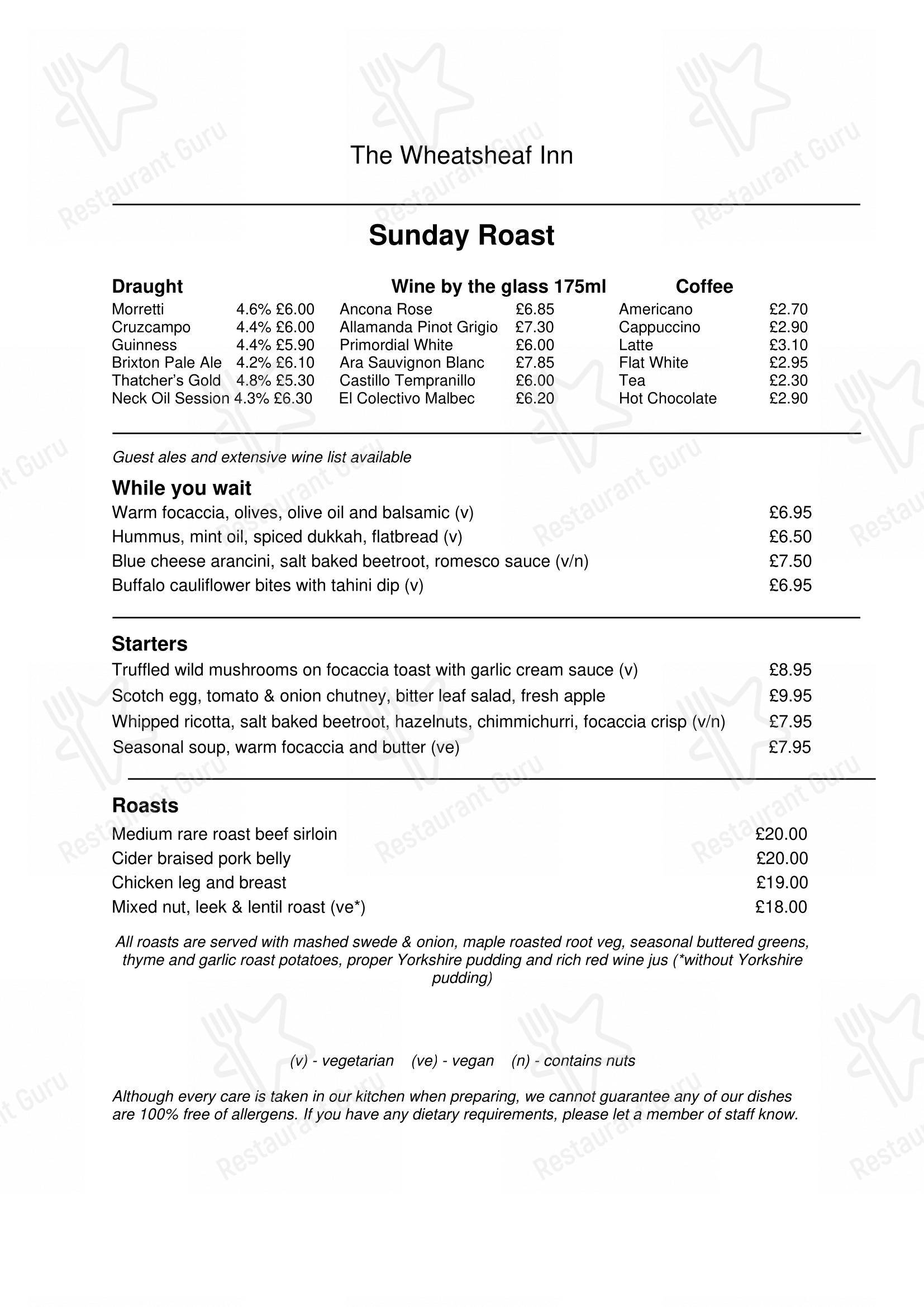 Menu at The Wheatsheaf Inn at Oaksey pub & bar, Oaksey