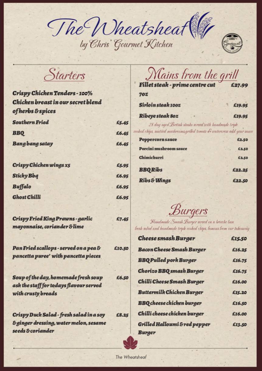 Menu at The Wheatsheaf Pub Handcross, Plummers Plain, Handcross Rd