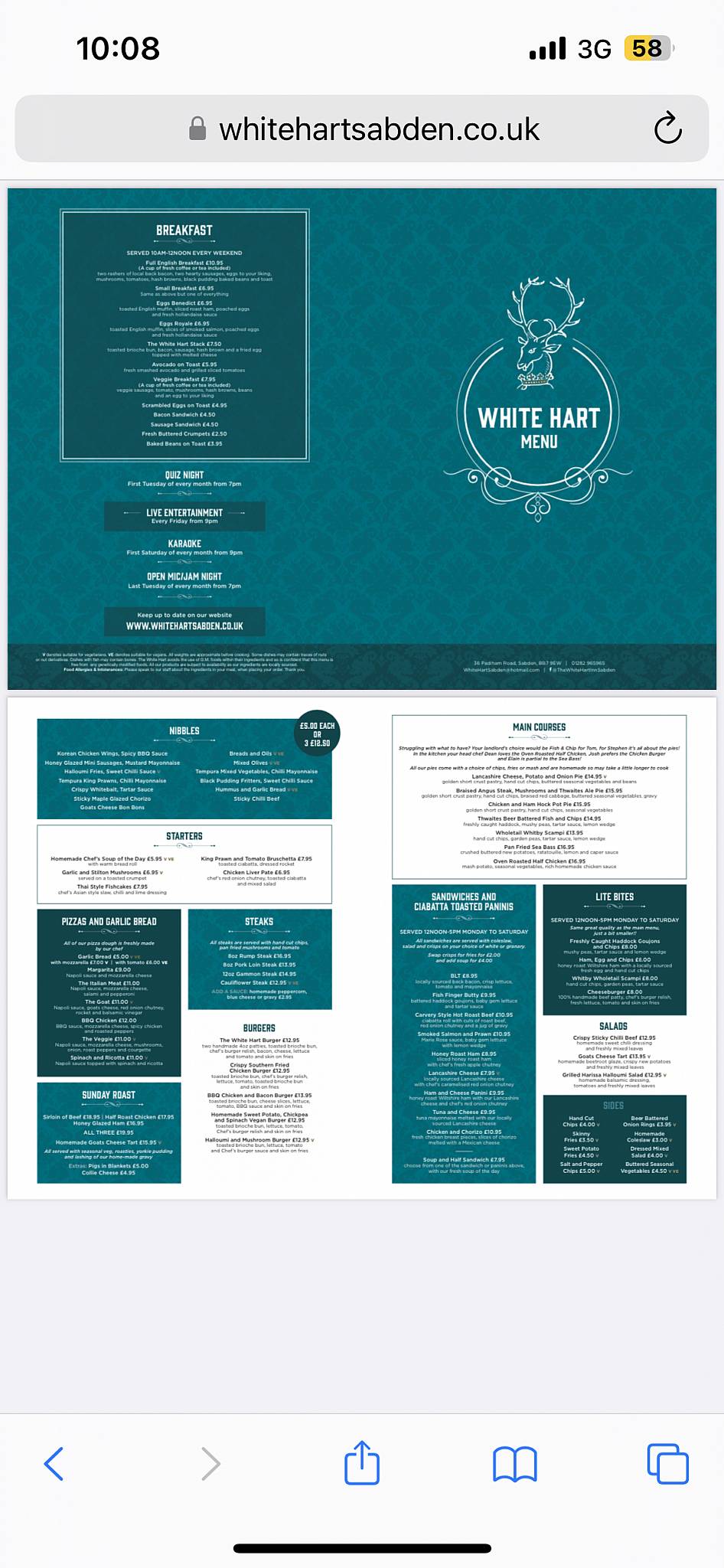 Menu at The White Hart pub & bar, Clitheroe