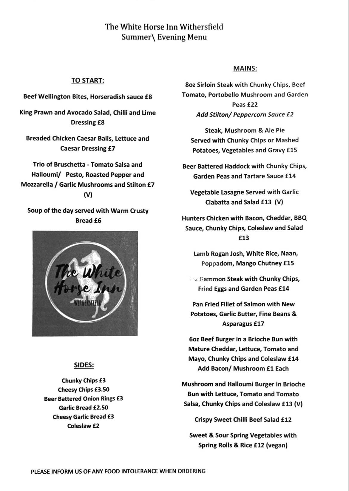 Menu at White Horse Inn pub & bar, Withersfield