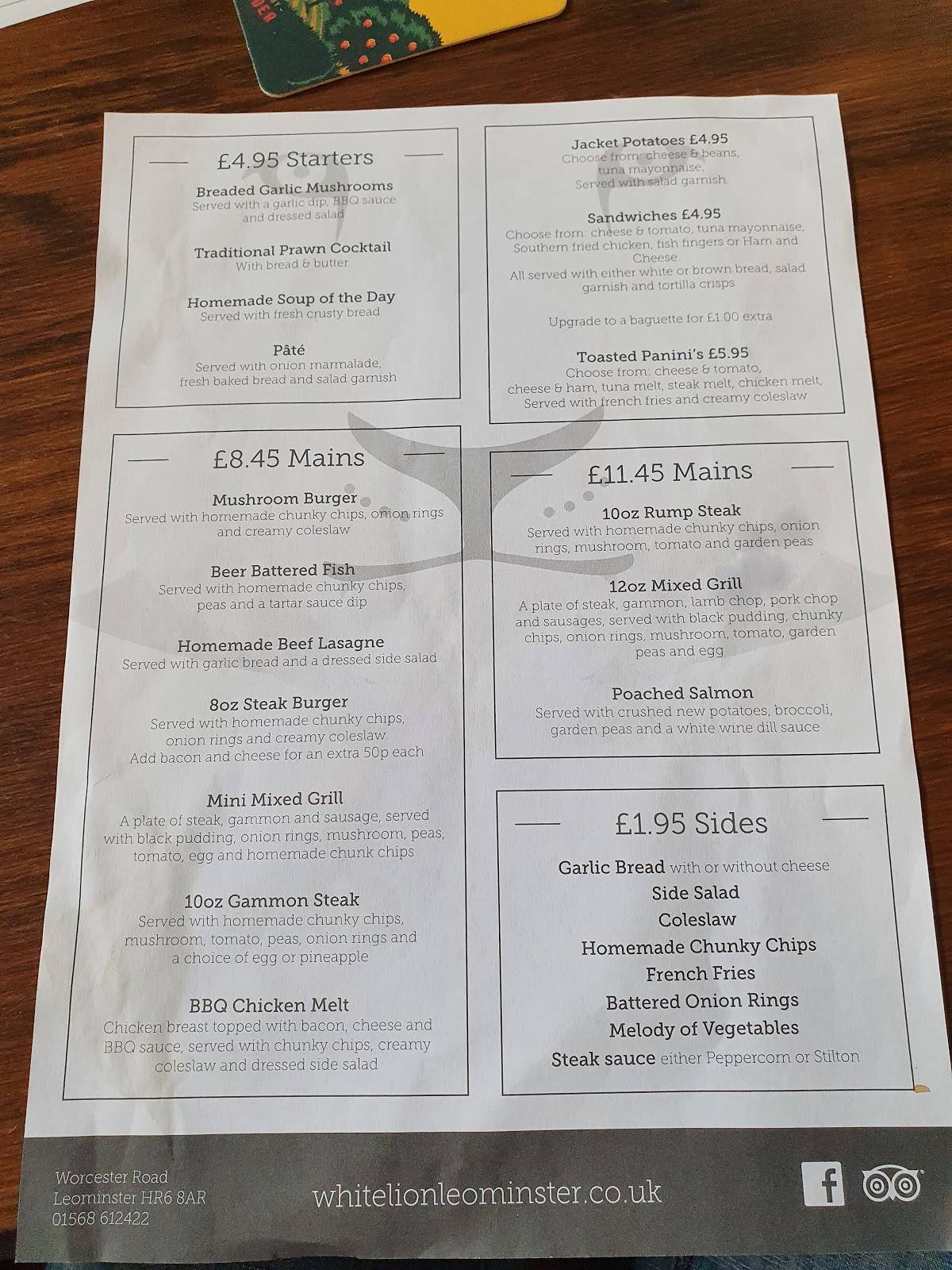 Menu at The White Lion Inn pub & bar, Leominster
