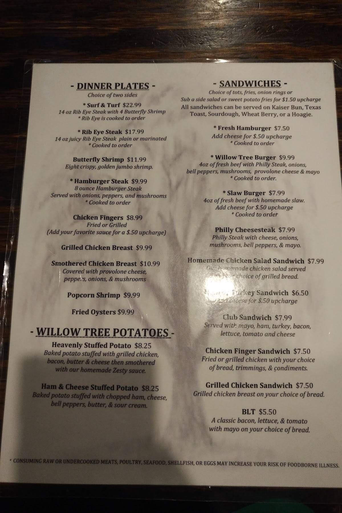 Menu at The Willow Tree Grill restaurant, Summerville
