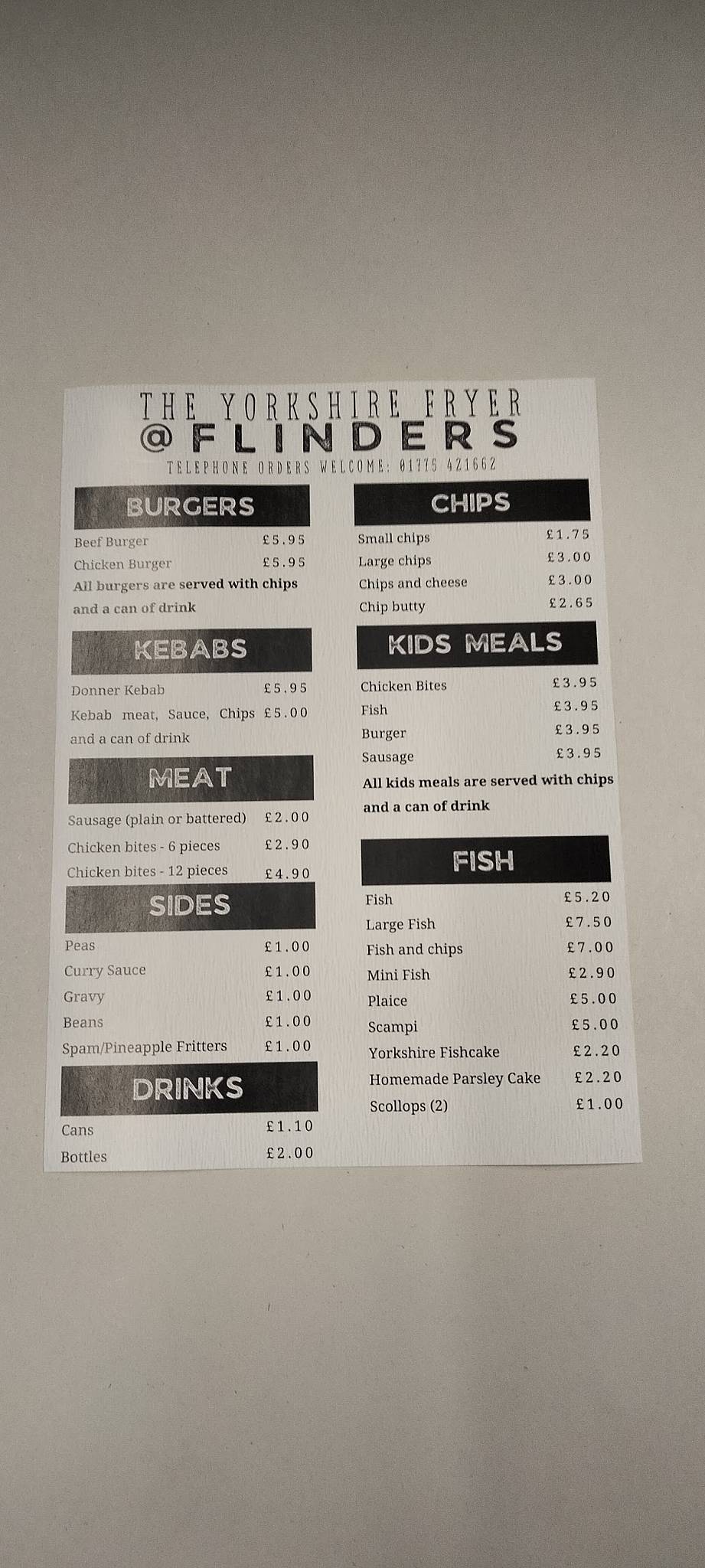 Menu at The Yorkshire Fryer restaurant, Donington
