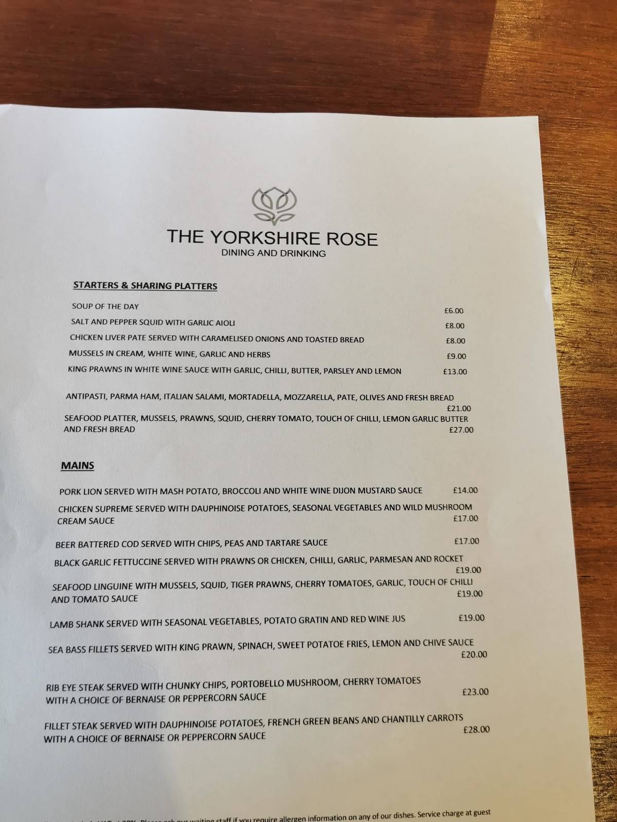 Menu at The Yorkshire Rose pub & bar, Bracknell