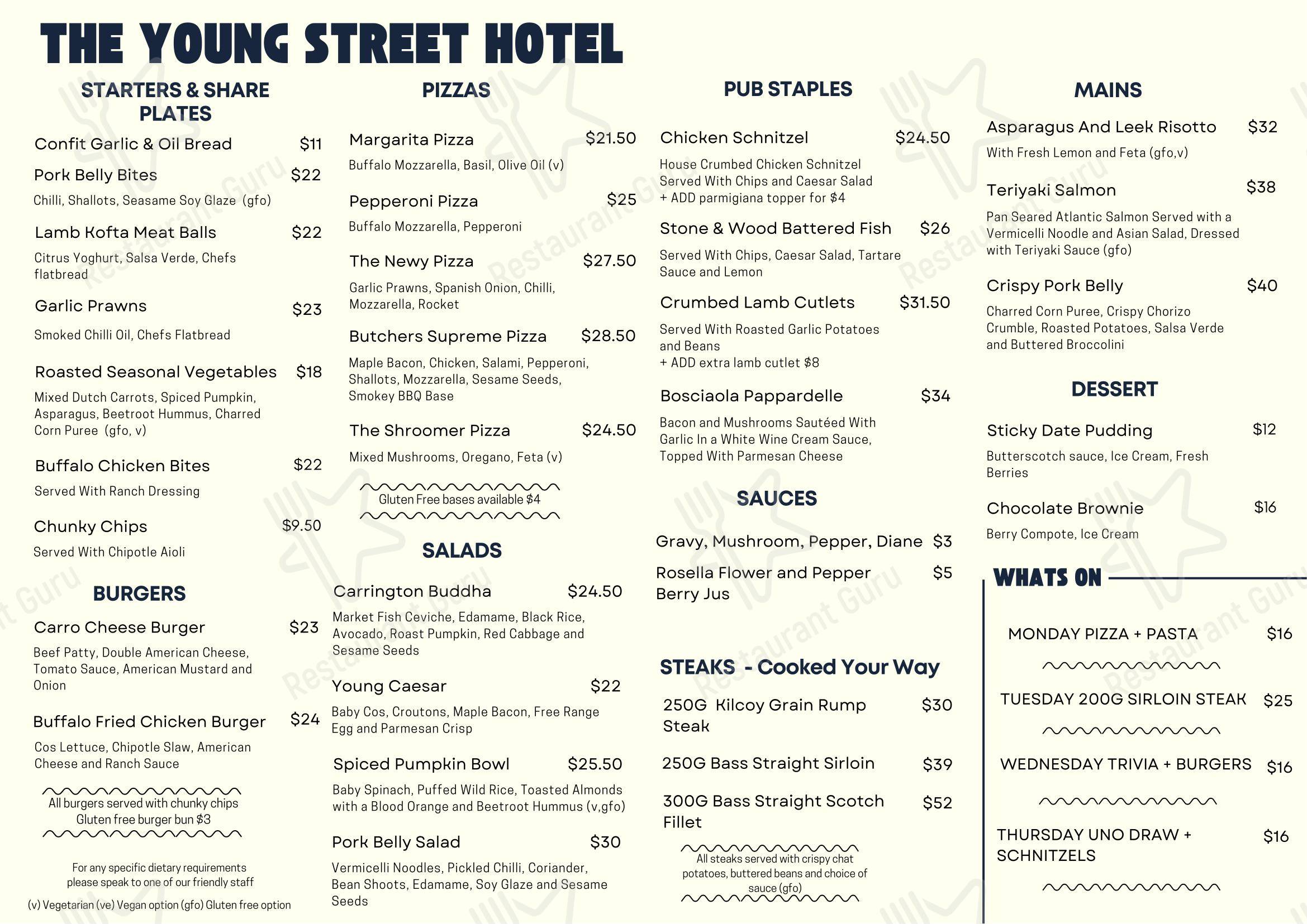 Menu at The Young Street Hotel pub & bar, Carrington