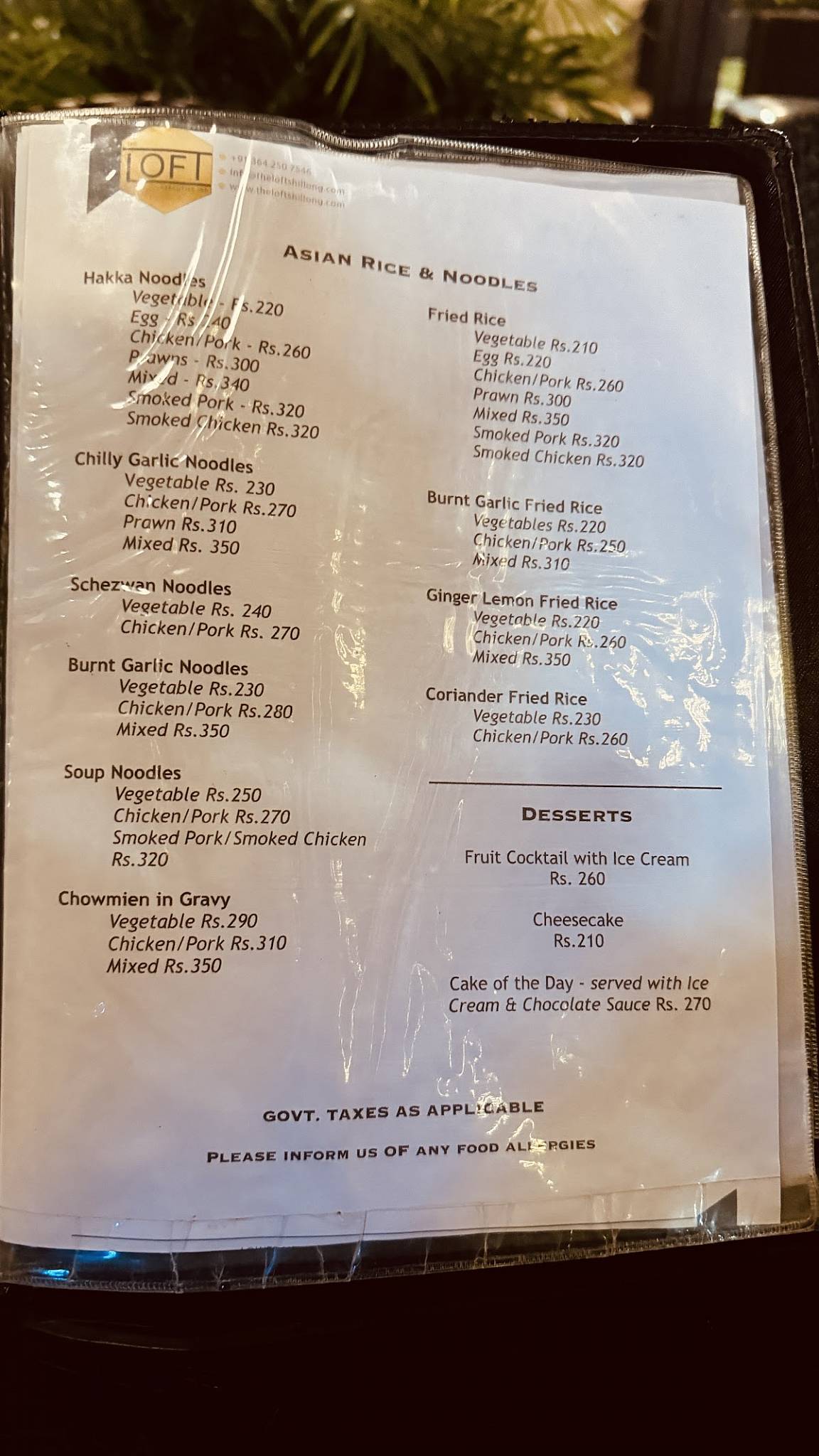 Menu at The mango tree lounge cafe, Shillong