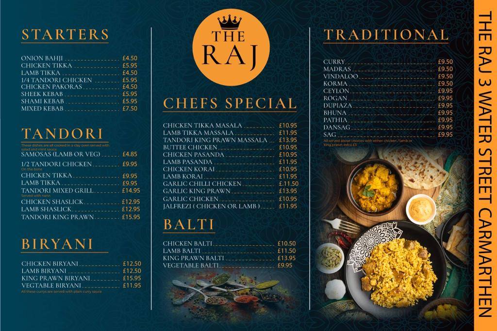 Menu at The raj Indian restaurant & bar @ blue boar, Carmarthen