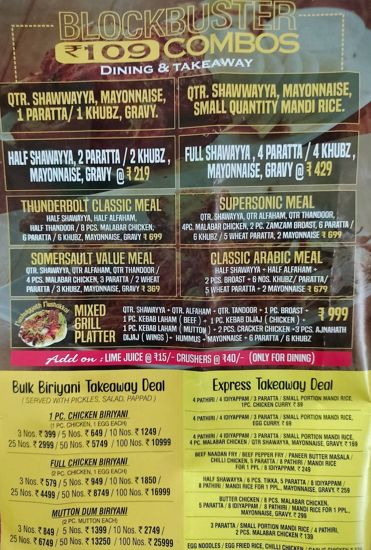 Menu at Zam Zam, Thiruvananthapuram, YMR Nandancode Road