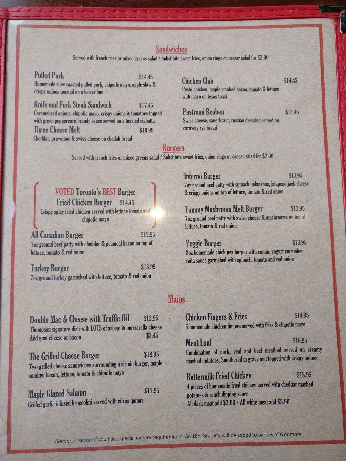 Menu at Thompson Diner restaurant, Toronto, 51 Bathurst Street
