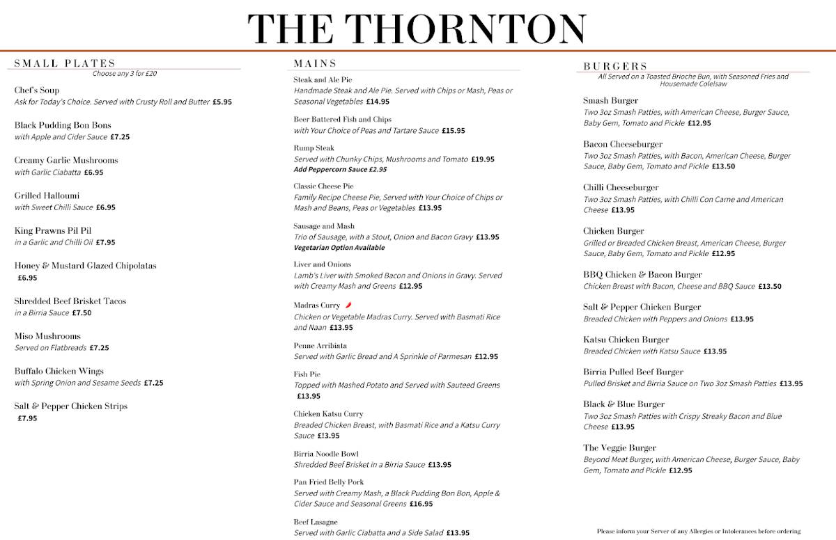 Menu at Thornton Arms pub & bar, Burnley