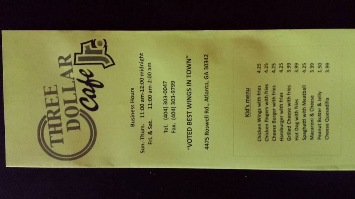 Menu at Three Dollar Cafe Buckhead (Chastain), Atlanta, Roswell Rd NE