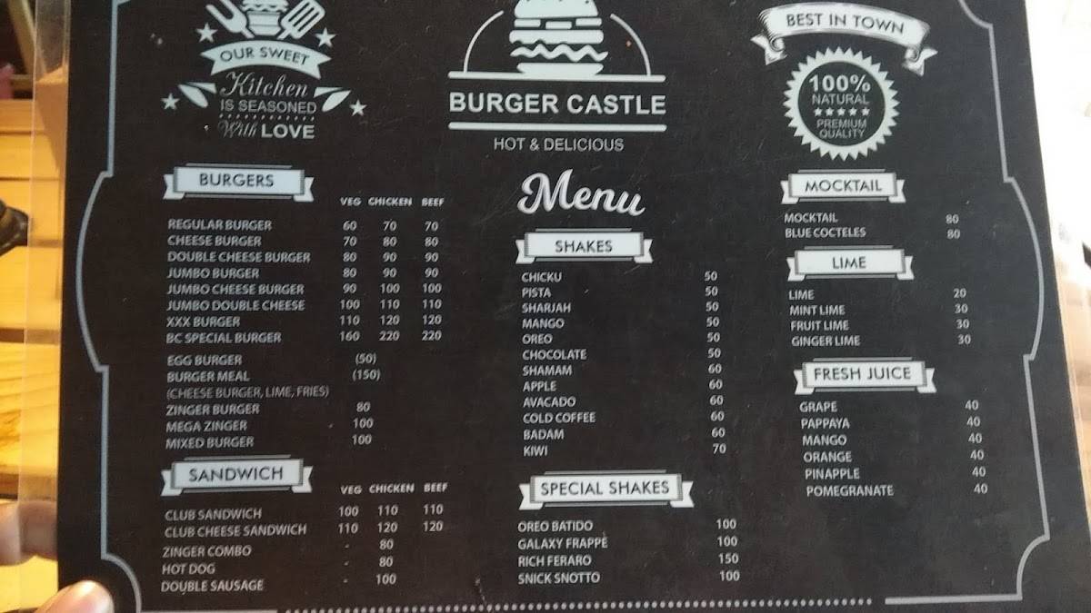 Menu at Burger Castle BC Cafe, Thrissur, G6FC+5GQ