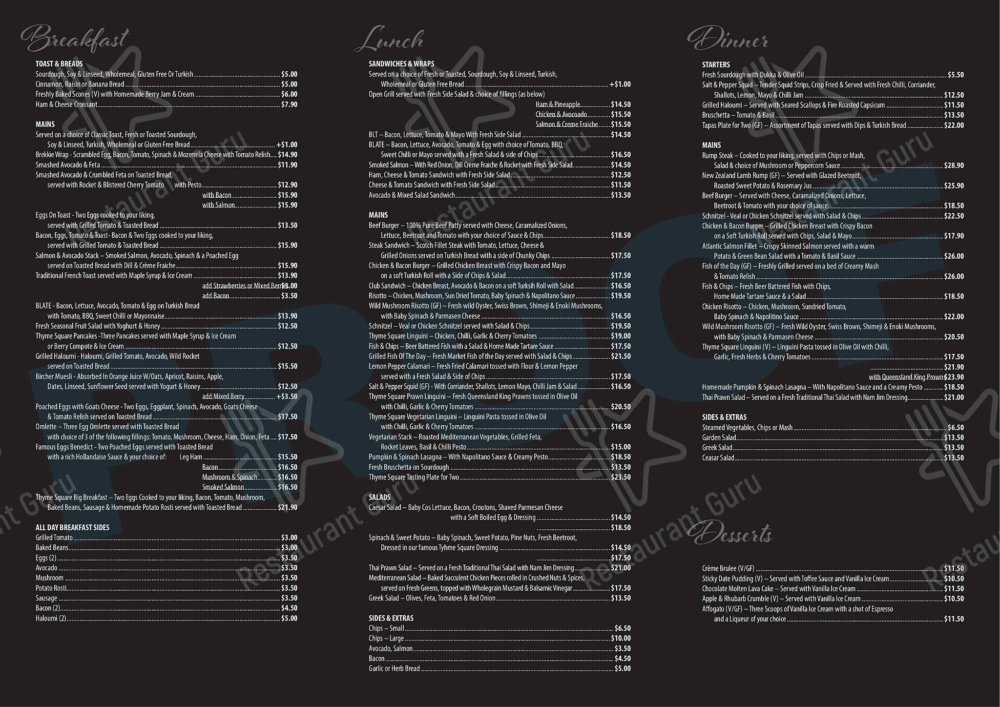 Menu at Thyme Square Cafe, Hornsby