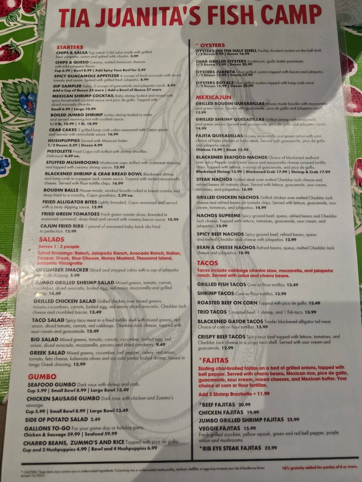 Menu at Tia Juanita's Fish Camp - Longview restaurant, Longview