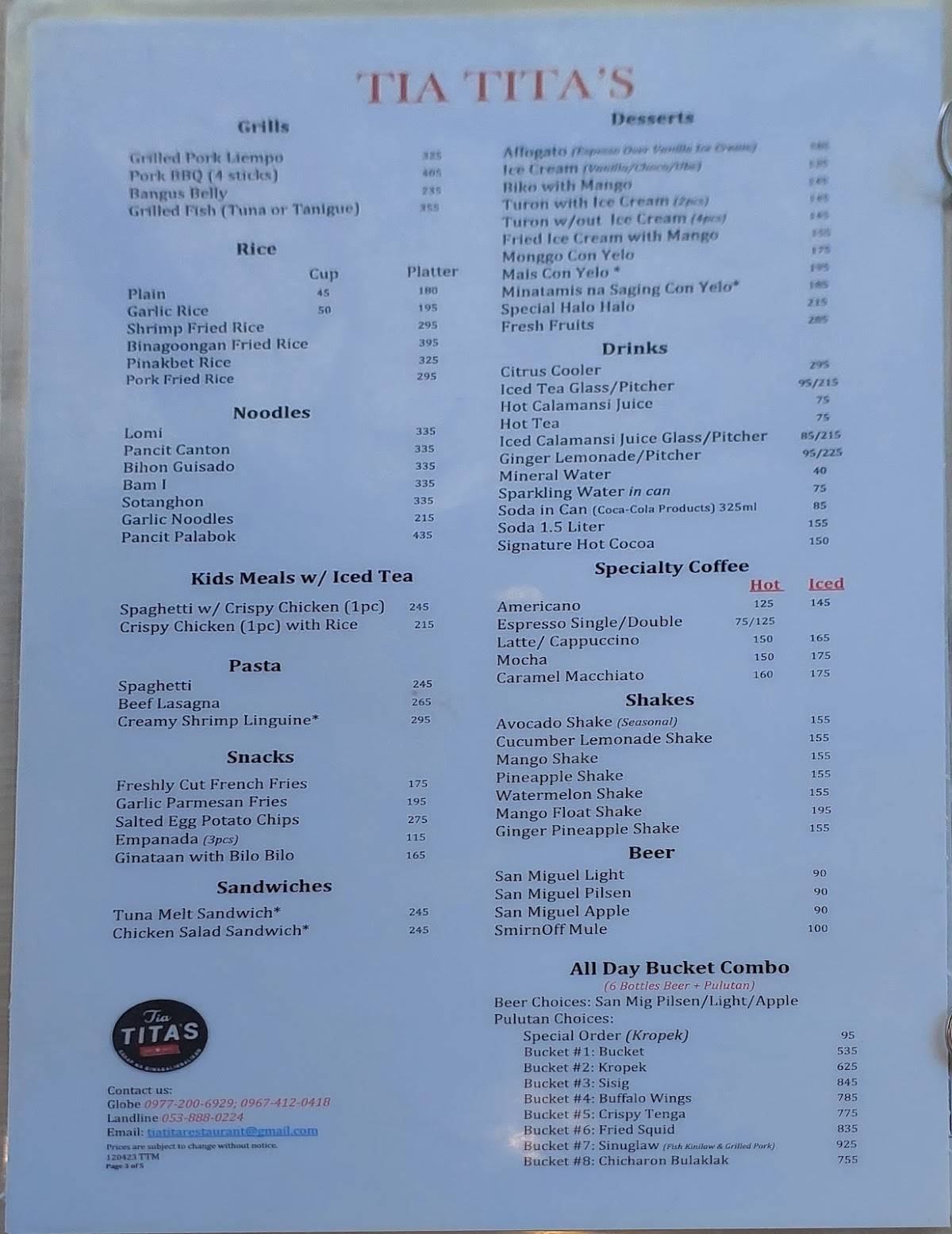 Menu at Tia Tita's Bulalo restaurant, Palo, 5XCX+MJ6