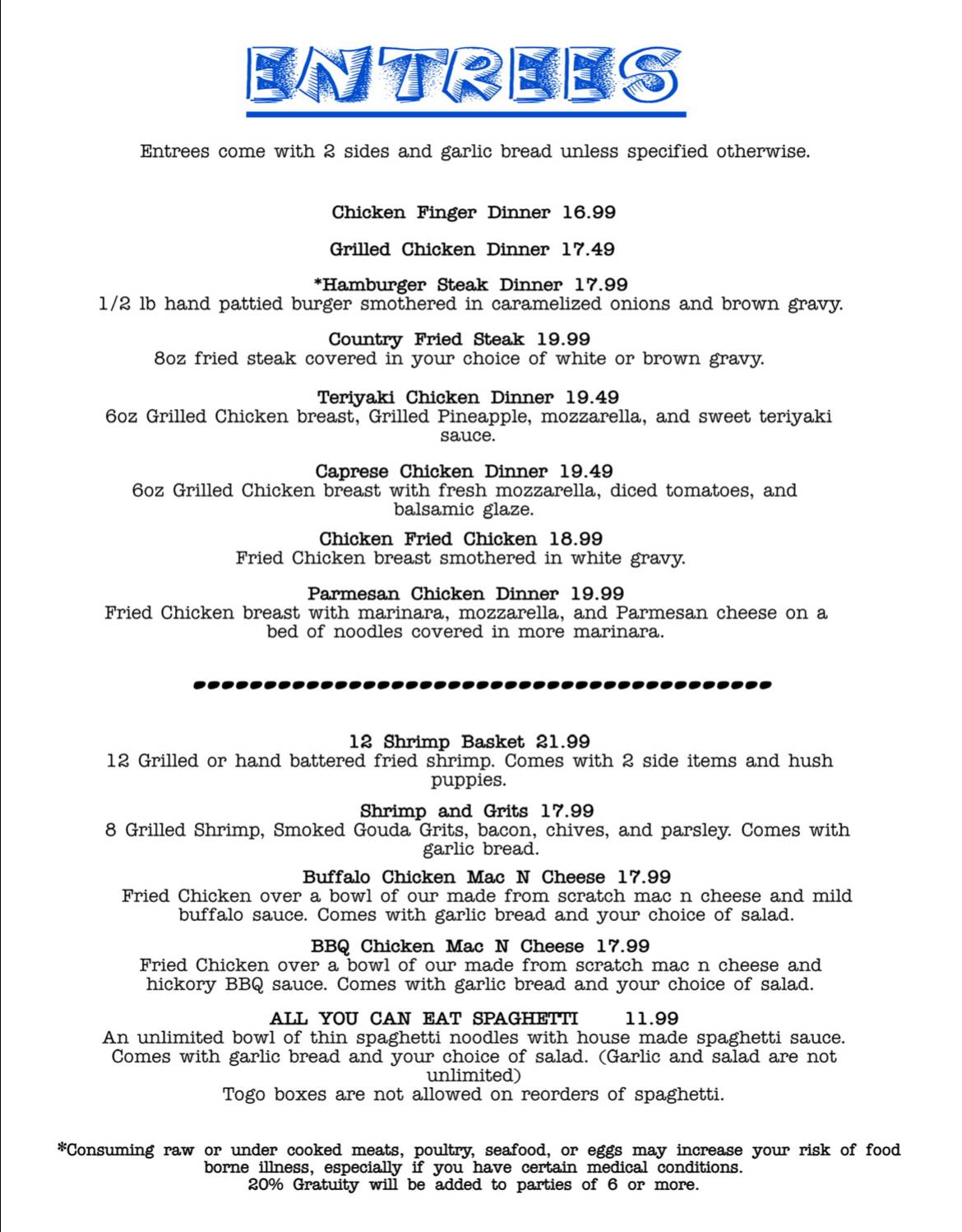 Menu at Tidbits Grill restaurant, Pine Mountain
