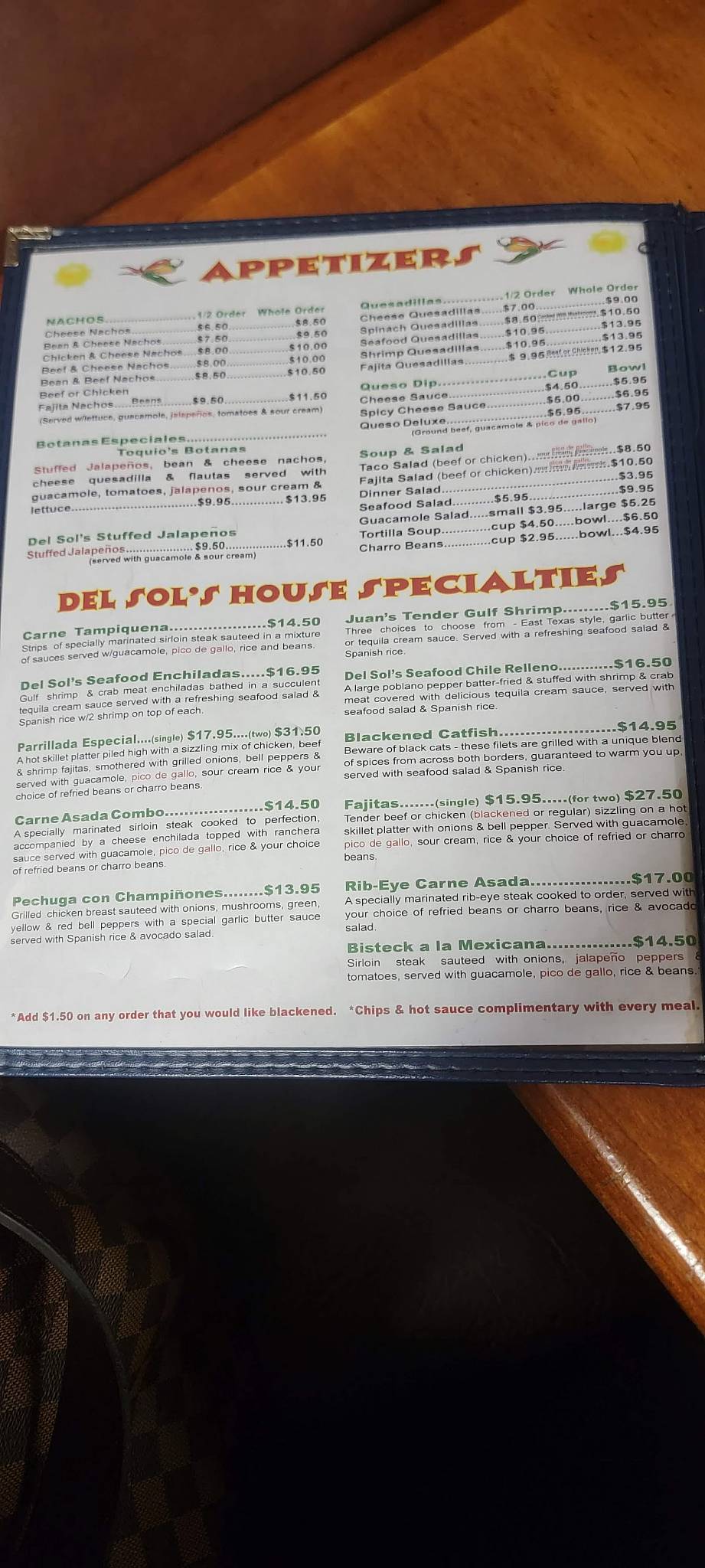 Menu at Tierra DEL SOL restaurant, Sulphur Springs