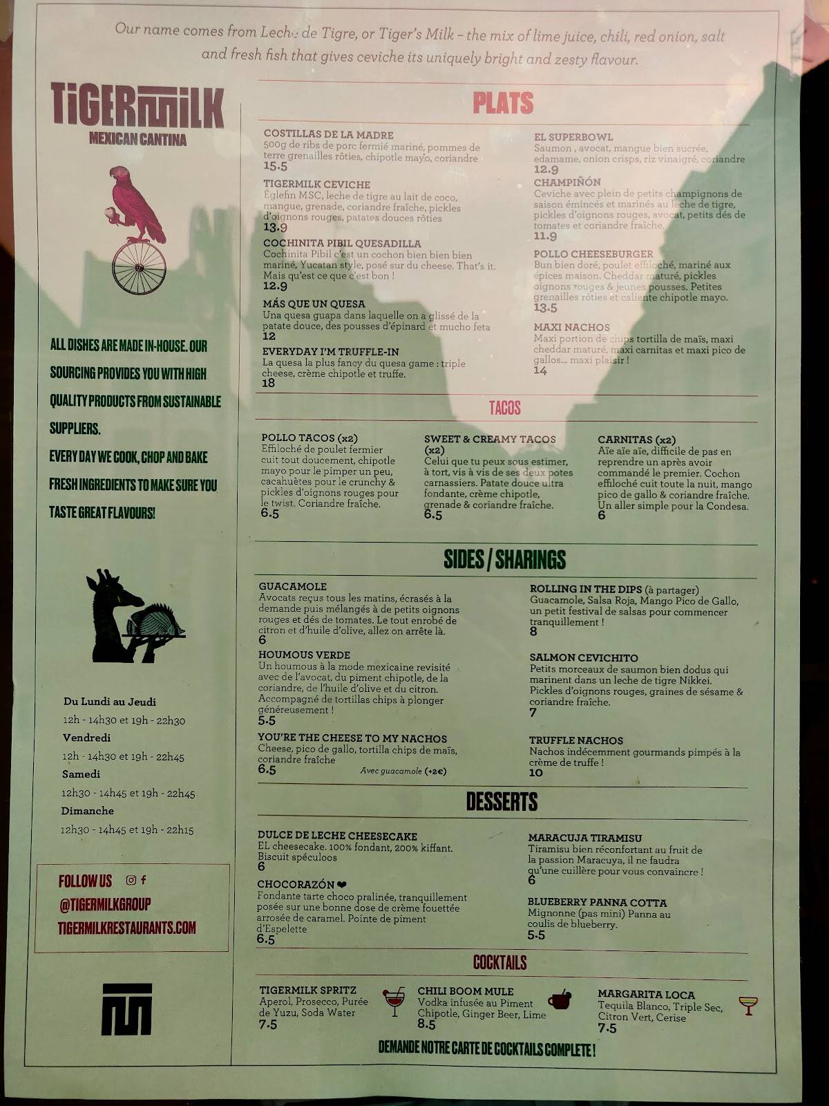 Menu at Tigermilk Lille restaurant, Lille