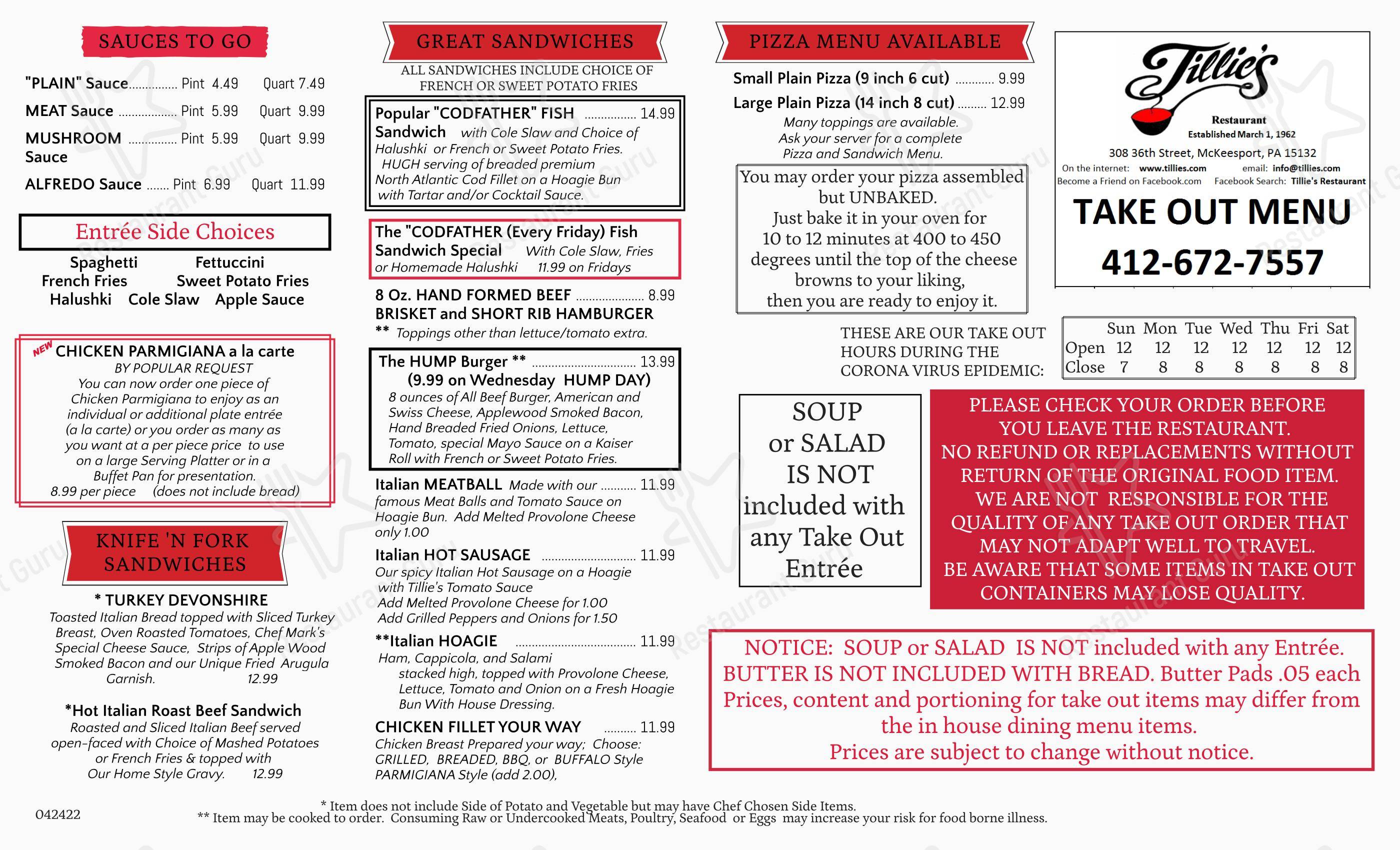 Menu at Tillie's Restaurant, McKeesport