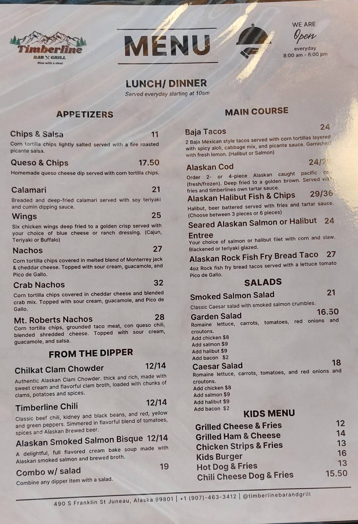Menu at Timberline Bar & Grill, Juneau