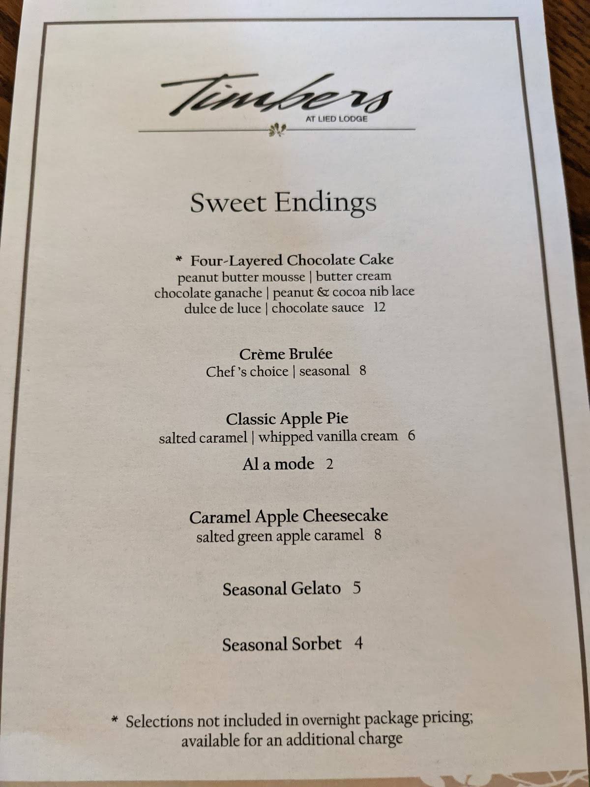 Menu at Timbers restaurant, Nebraska City