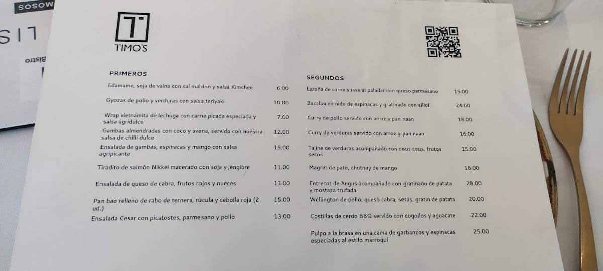 Menu at Timo’s Bistro (Sitges) restaurant, Sitges