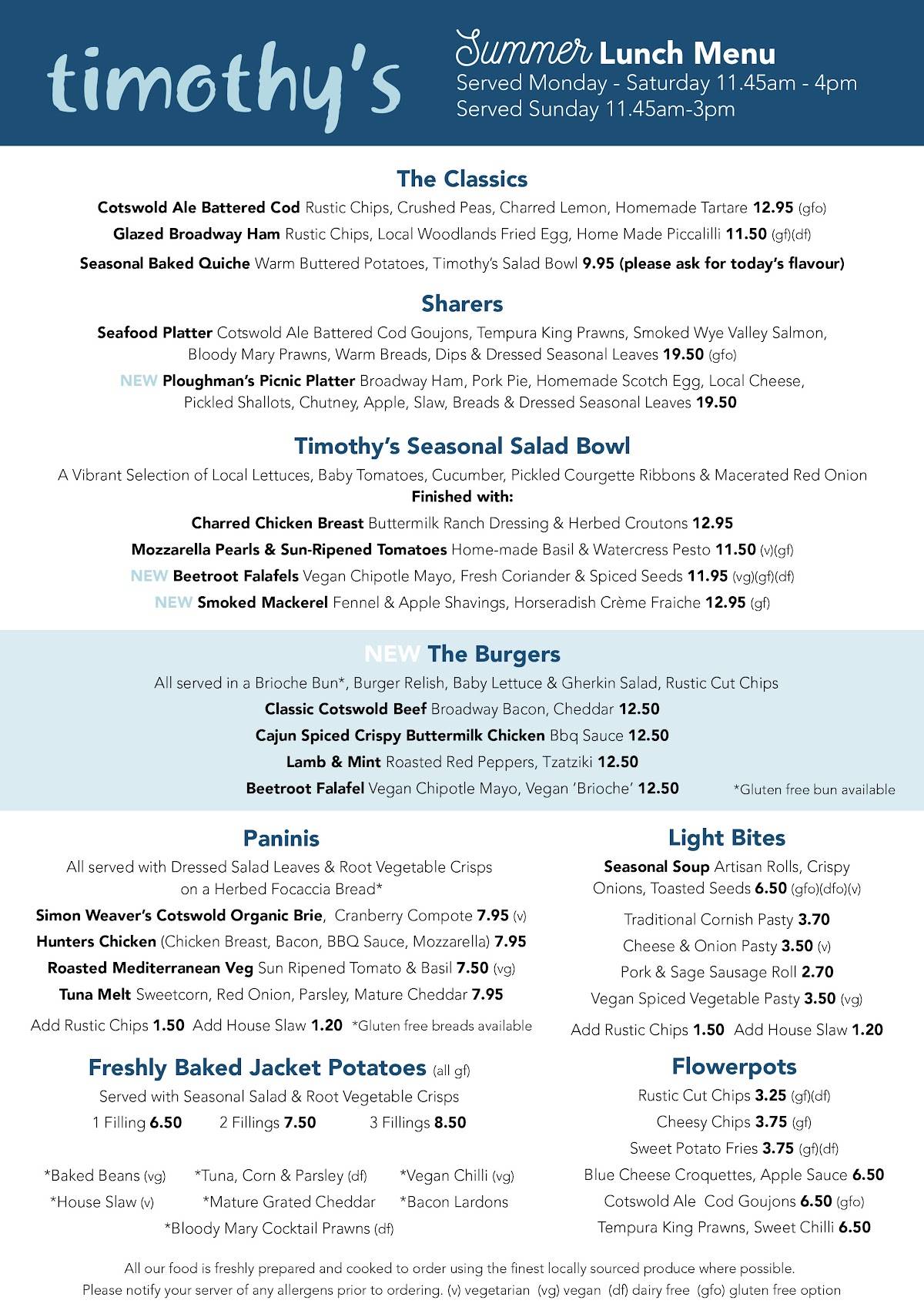 Menu at Timothy's Restaurant, Moreton-in-Marsh