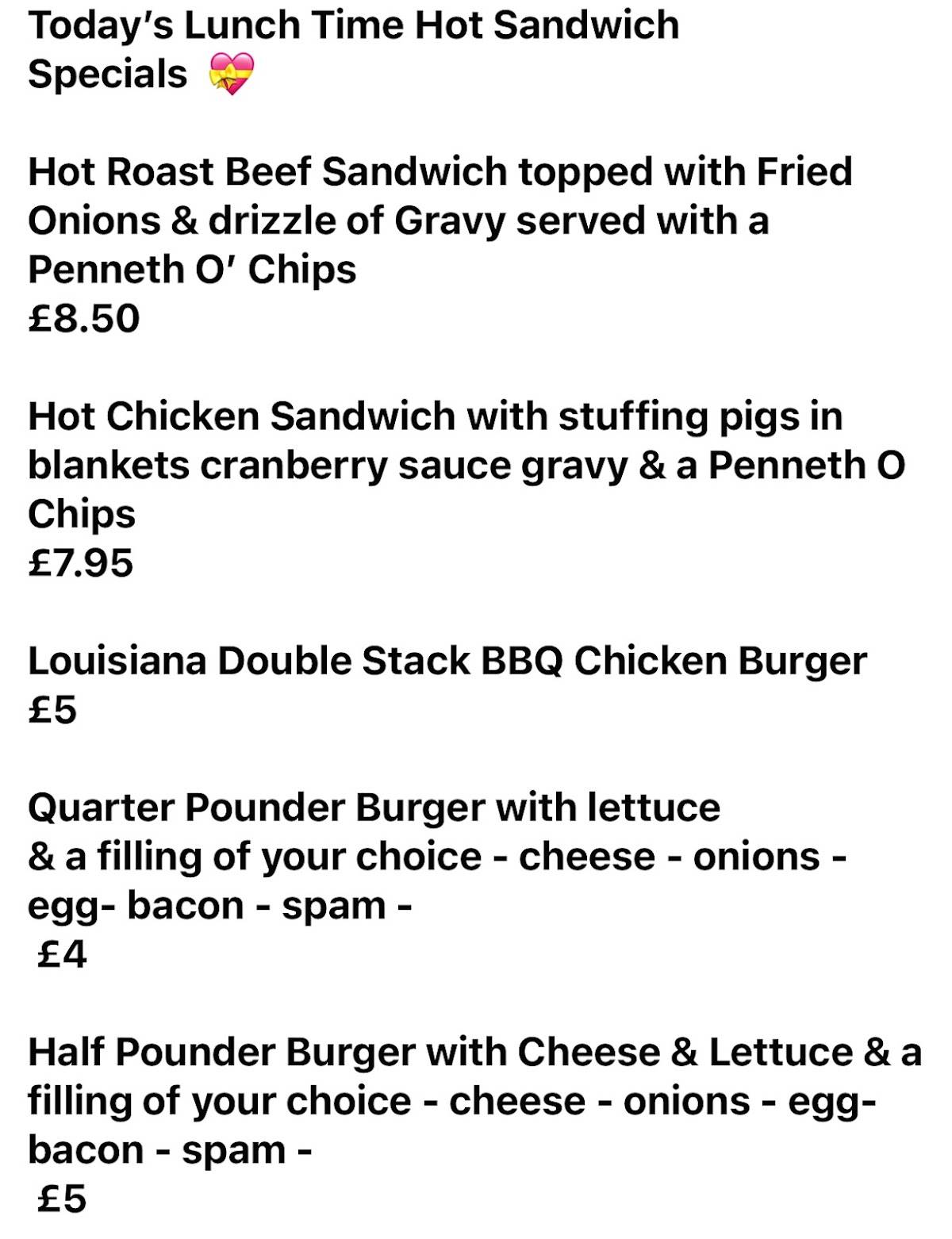 Menu at Tim's Cafe and Take Away at Thorp Arch, Boston Spa